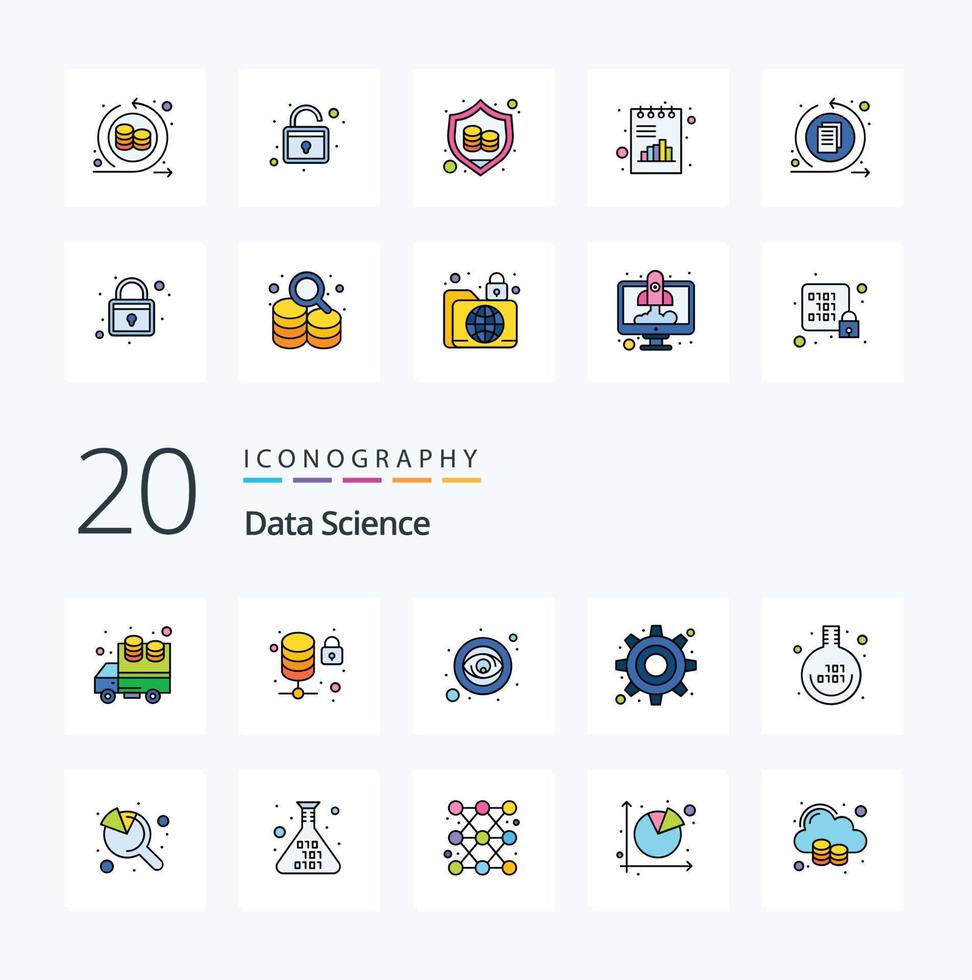 20 Data Science Line Filled Color Icon Pack Like Binary Code Experiment Sight Education Gear