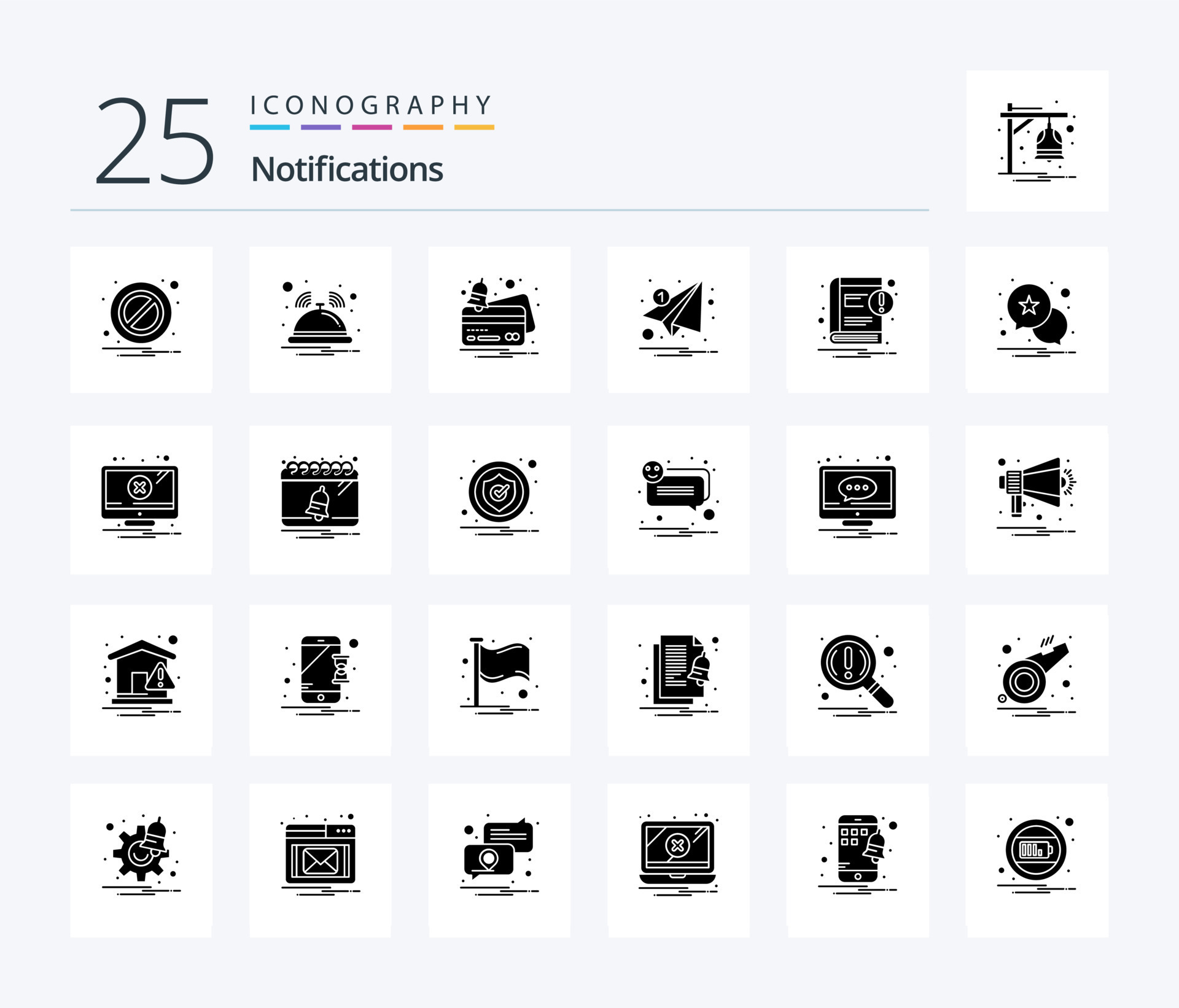 Notifications 25 Solid Glyph icon pack including ebook. paper. credit. notification. letter ...