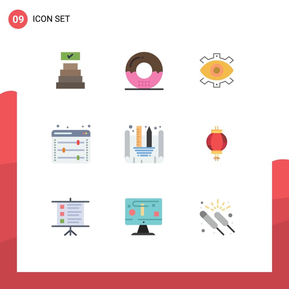 Mobile Interface Flat Color Set Of 9 Pictograms Of Web Preferences Equalizer Eye Production