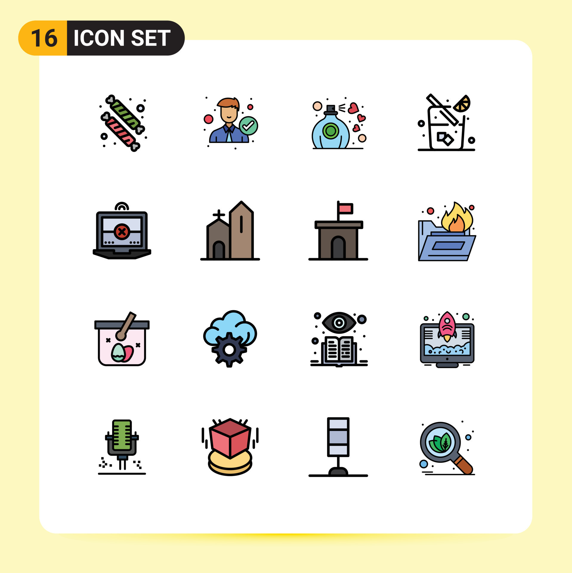 16 Universal Flat Color Filled Lines Set For Web And Mobile Applications Computing Drink Right