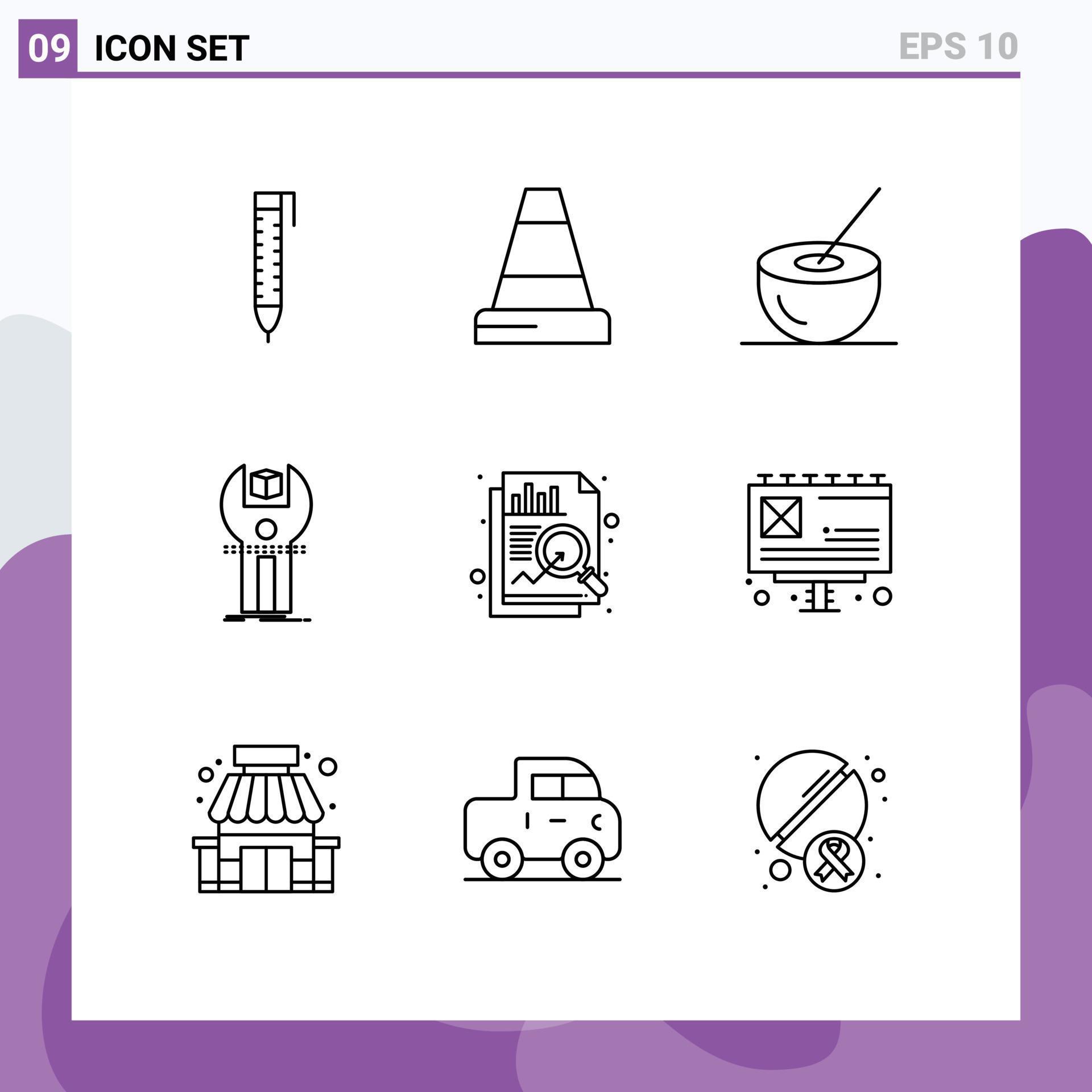Pictogram Set Of 9 Simple Outlines Of Chart Programming Coconut Juice Kit App Editable Vector