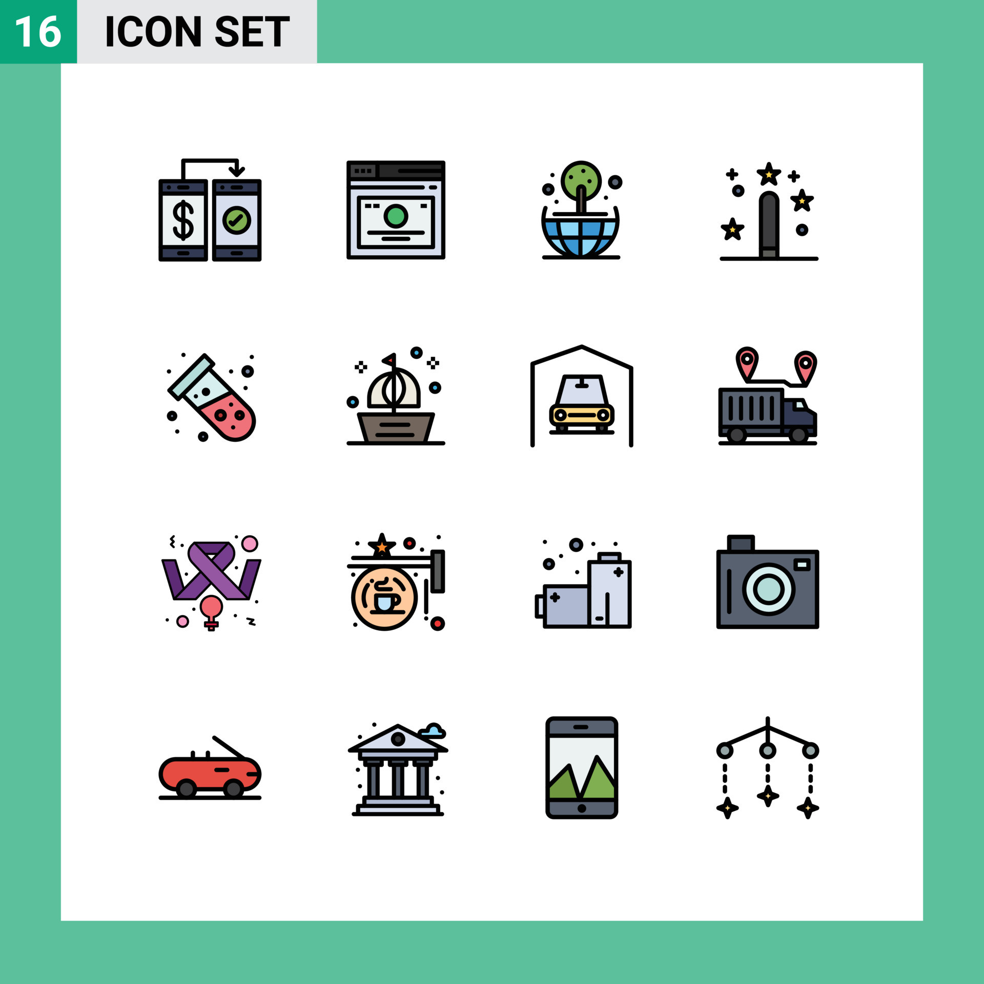 Modern Set Of 16 Flat Color Filled Lines And Symbols Such As Programing