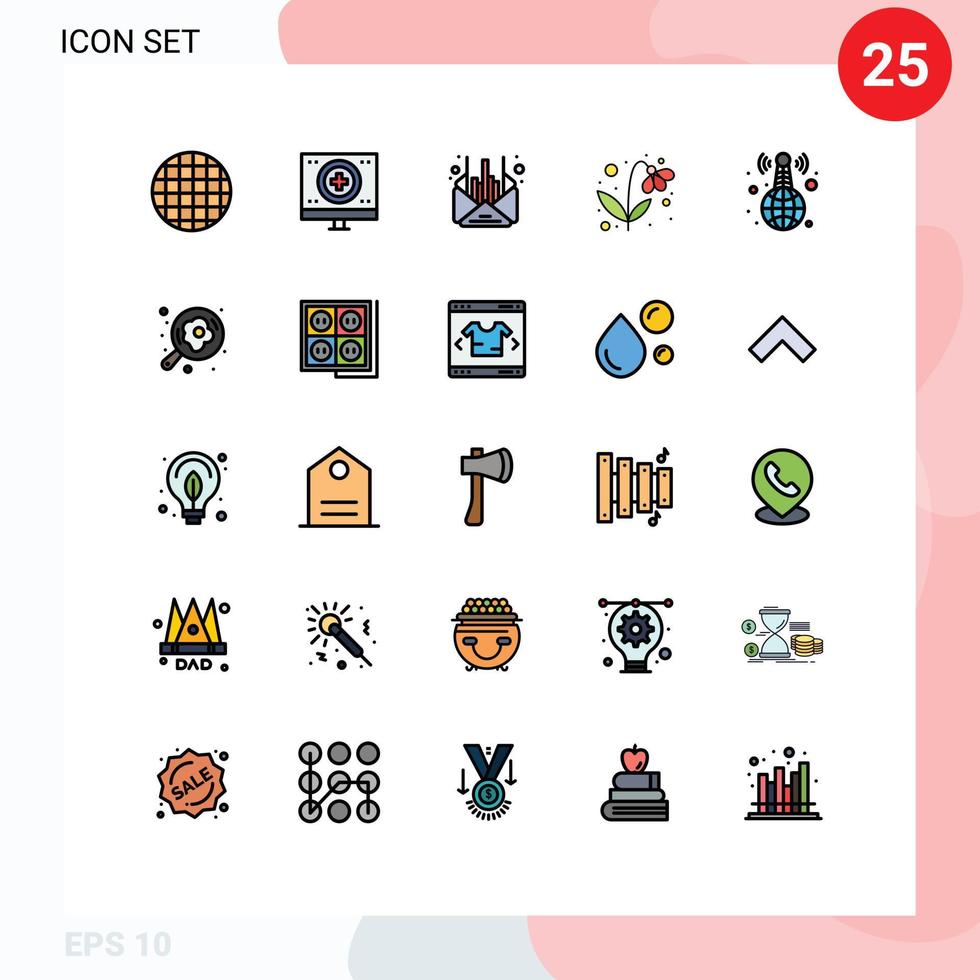 Mobile Interface Filled Line Flat Color Set Of 25 Pictograms Of Broadcasting Nature Mail Tulip