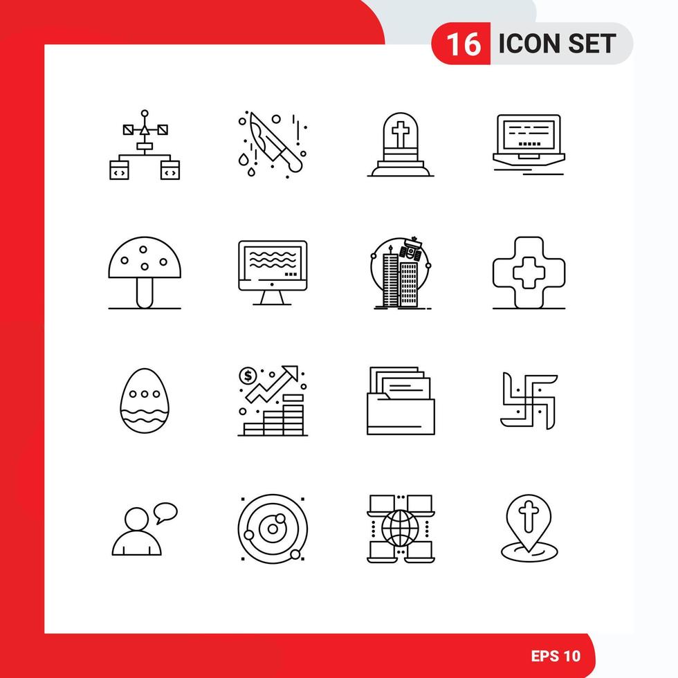 User Interface Pack Of 16 Basic Outlines Of Mushroom Autumn Death Design Laptop Editable Vector