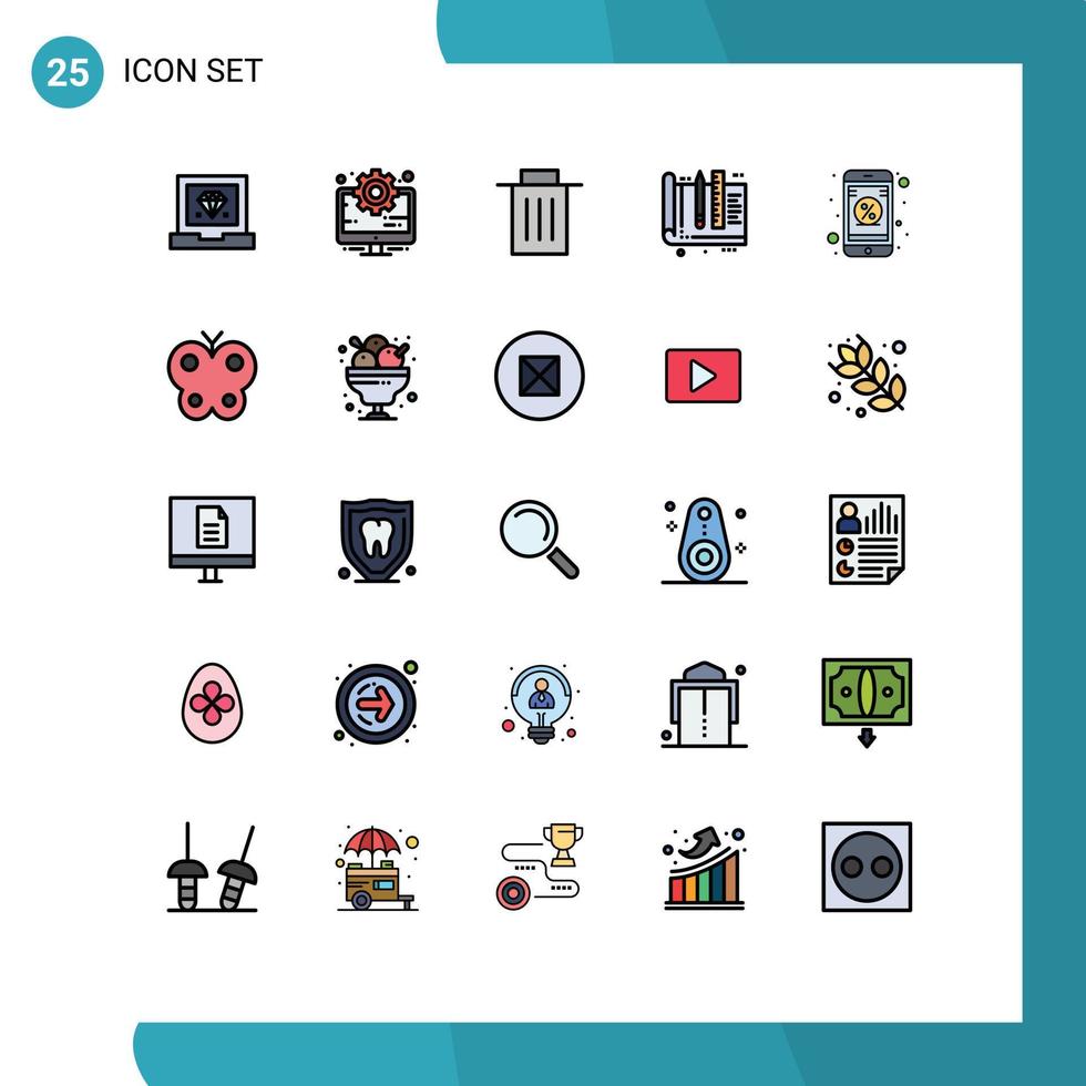 Set Of 25 Vector Filled Line Flat Colors On Grid For App Discount Ruler Delete Education