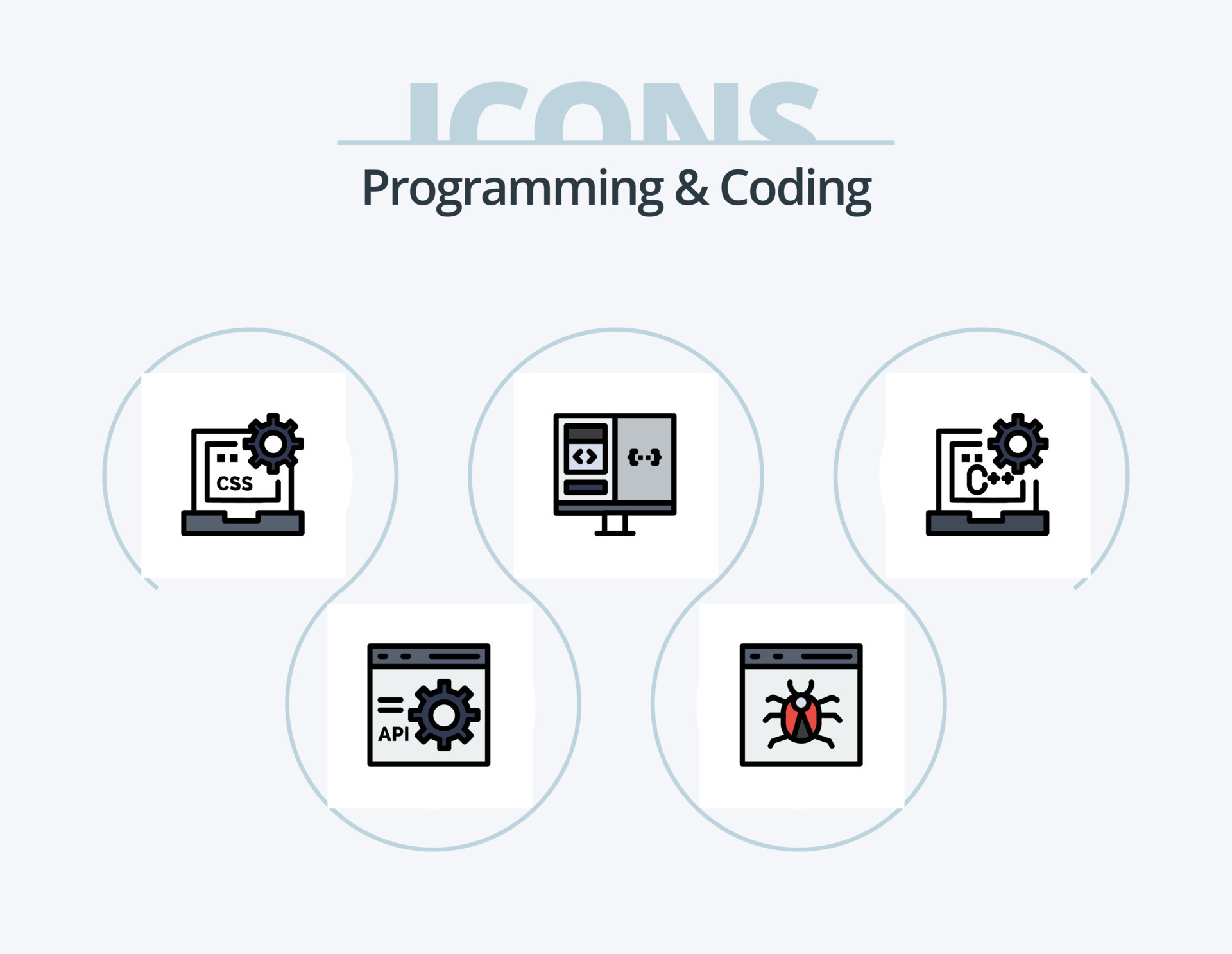 paquete de iconos llenos de línea de programación y codificación 5 ...