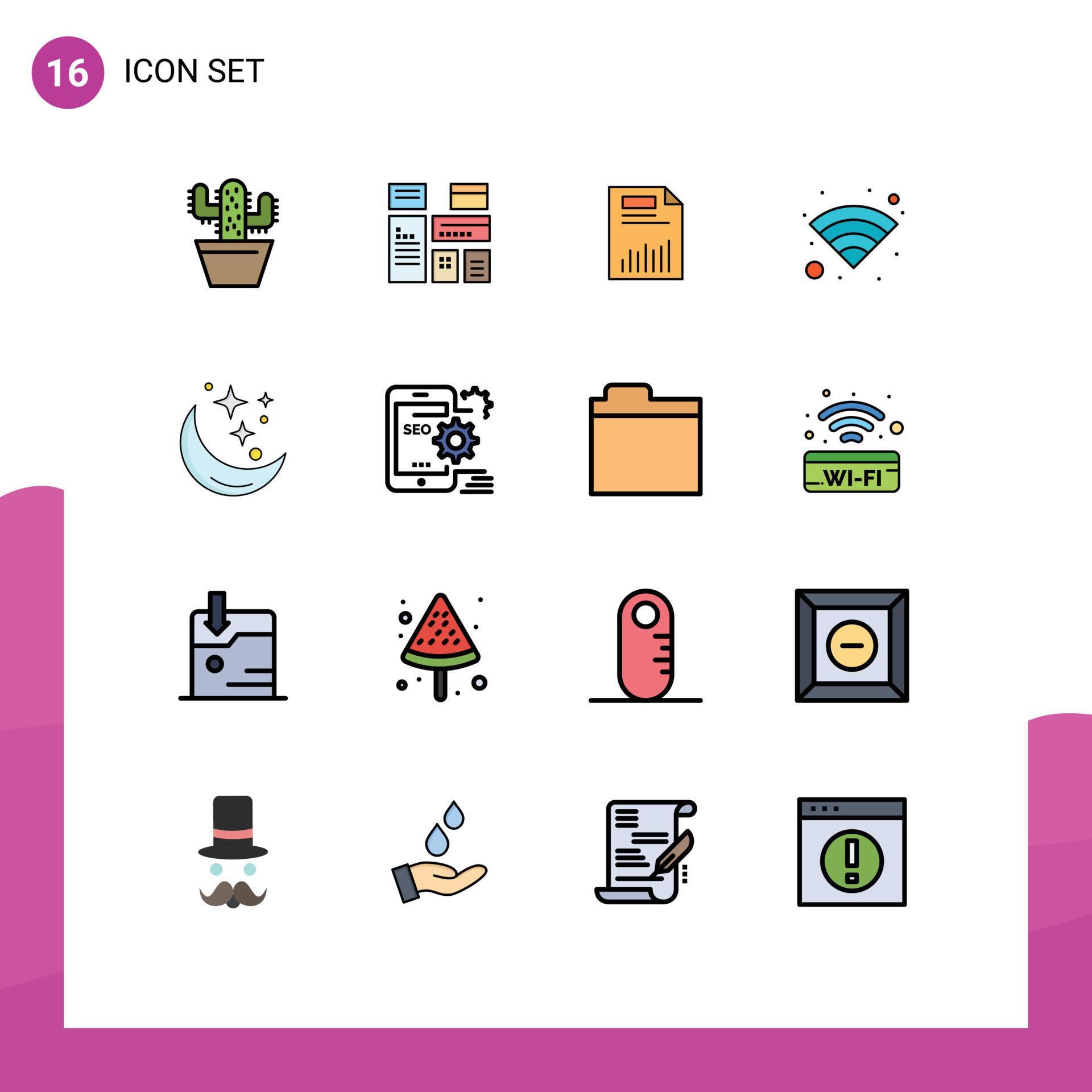 Pictogram Set Of 16 Simple Flat Color Filled Lines Of Wireless Technology Document Statistics