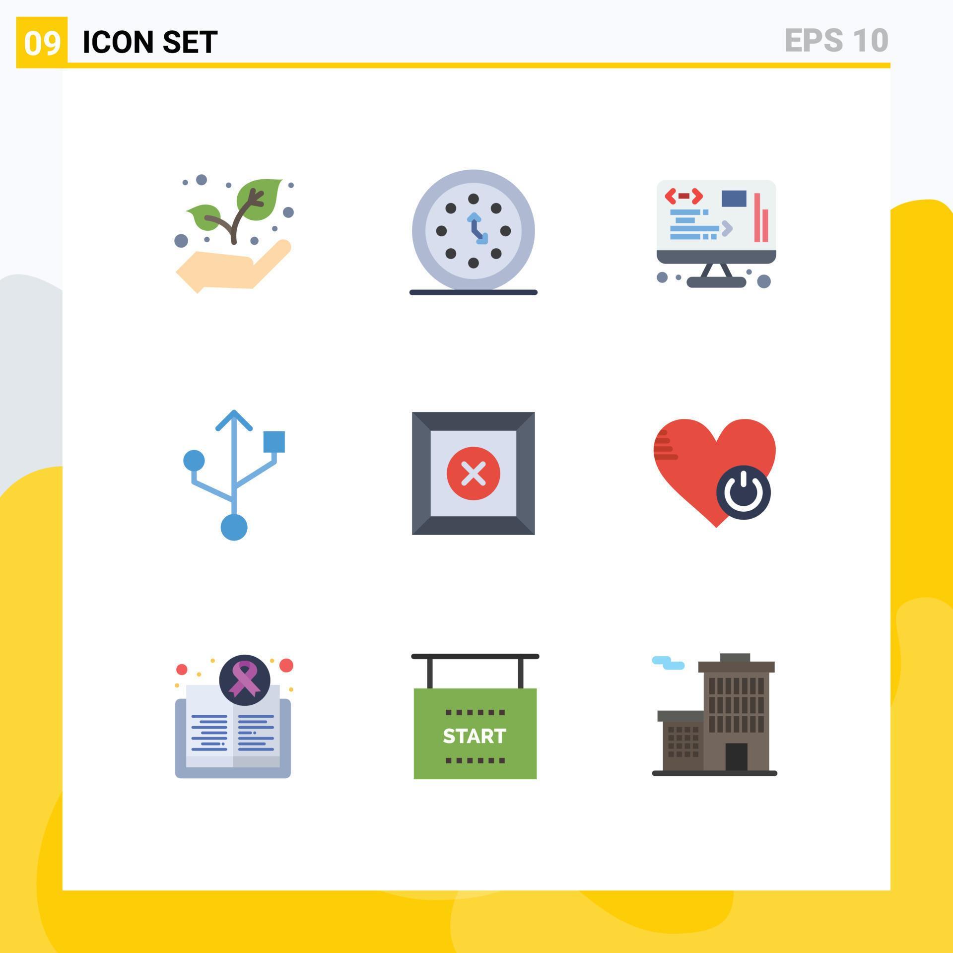 Set Of 9 Vector Flat Colors On Grid For Shutdown Delete Data Box Connection Editable Vector