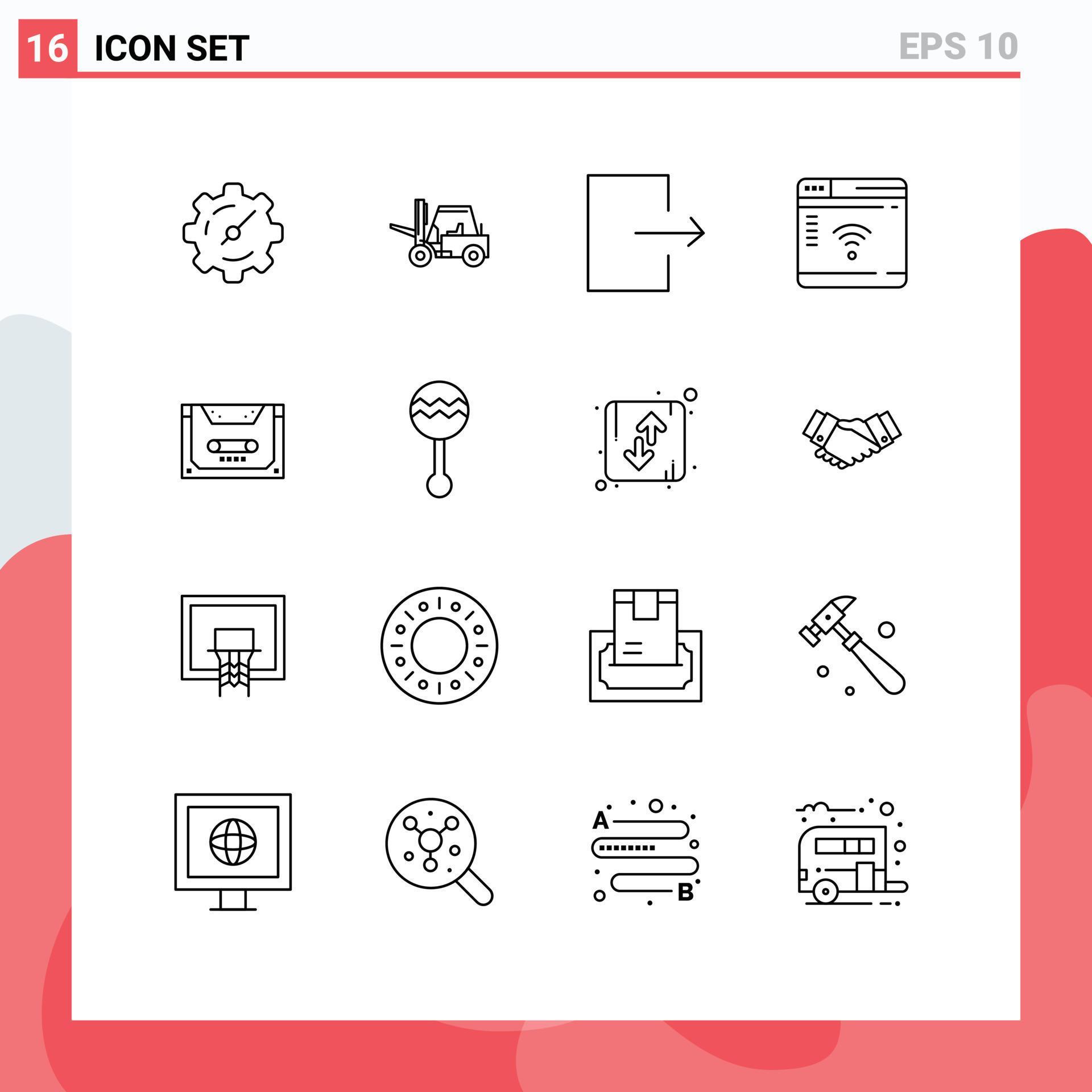 Set of 16 Modern UI Icons Symbols Signs for compact audio exit analog router Editable Vector ...