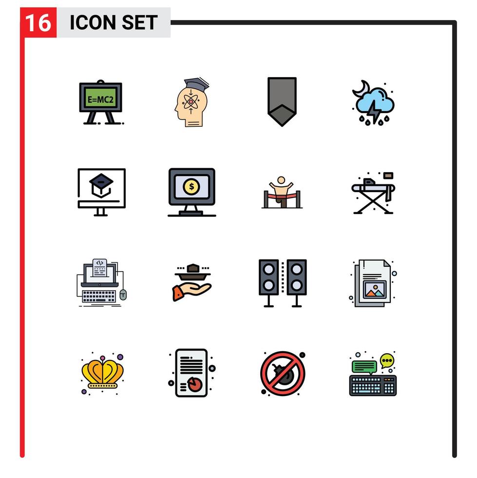 Set Of 16 Vector Flat Color Filled Lines On Grid For Cloud Weather Skill Storm Medal Editable