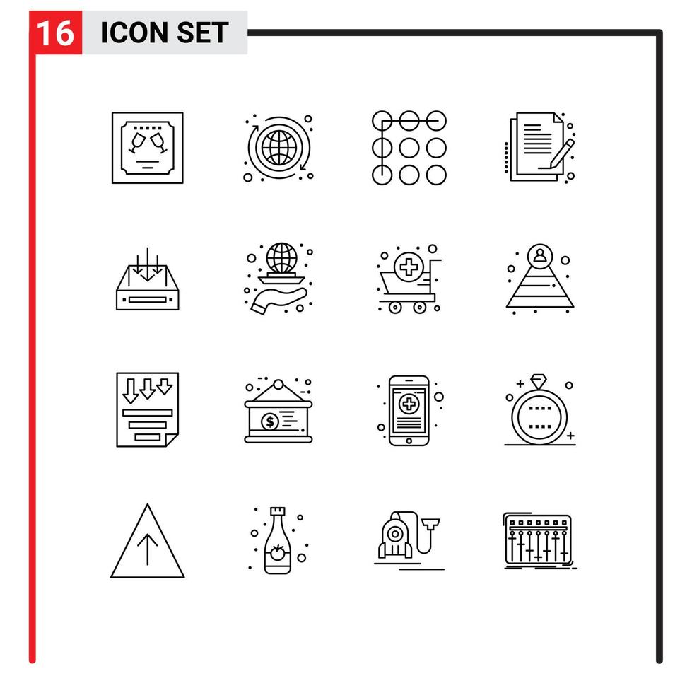 Set of 16 Modern UI Icons Symbols Signs for box inbox lock document paper Editable Vector Design ...