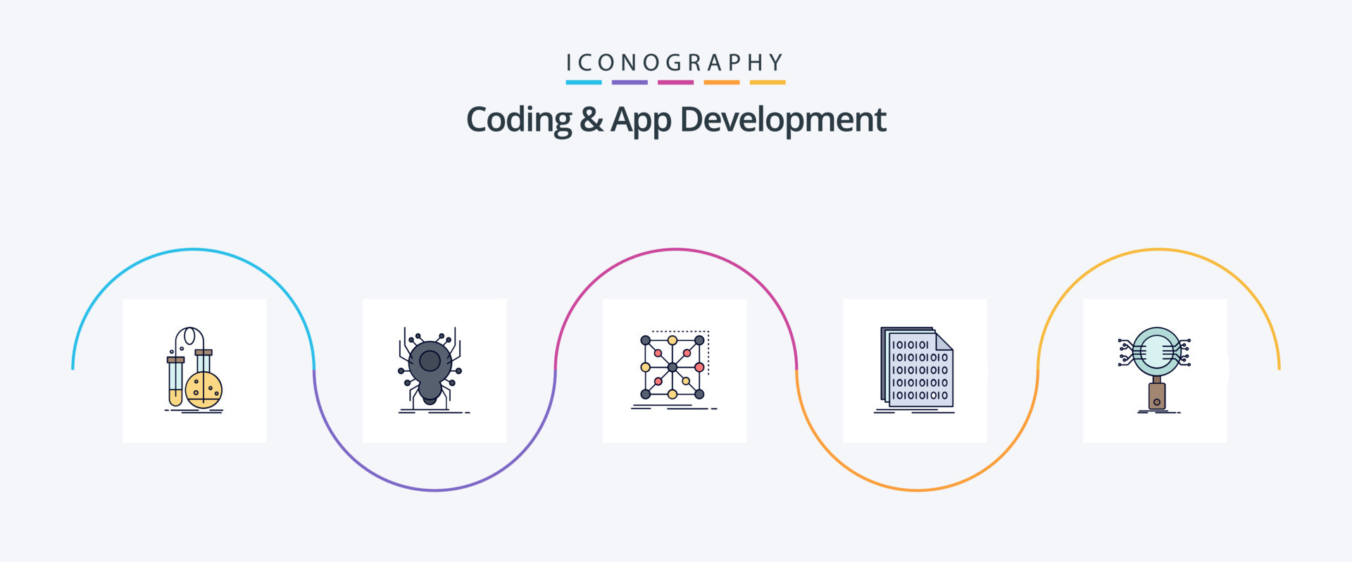 Coding And App Development Line Filled Flat 5 Icon Pack Including Code Complex Spider Cluster