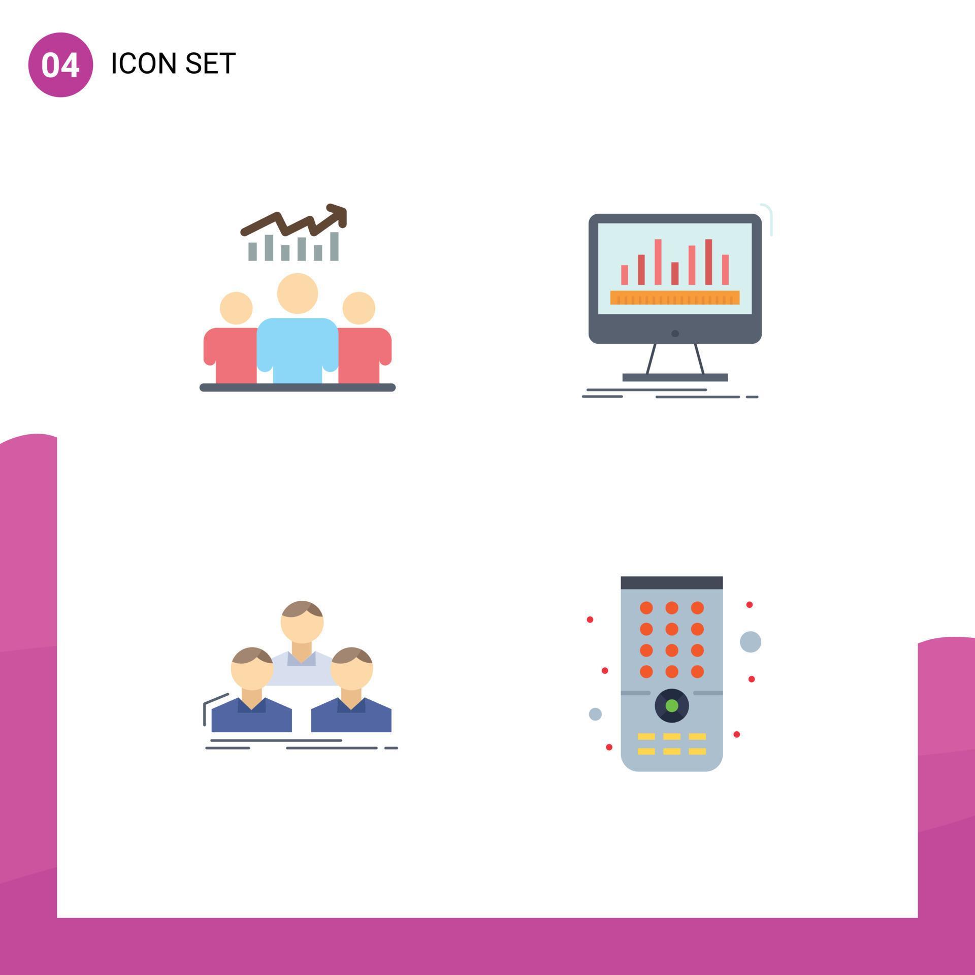Set of 4 Vector Flat Icons on Grid for group stats chart processing ...