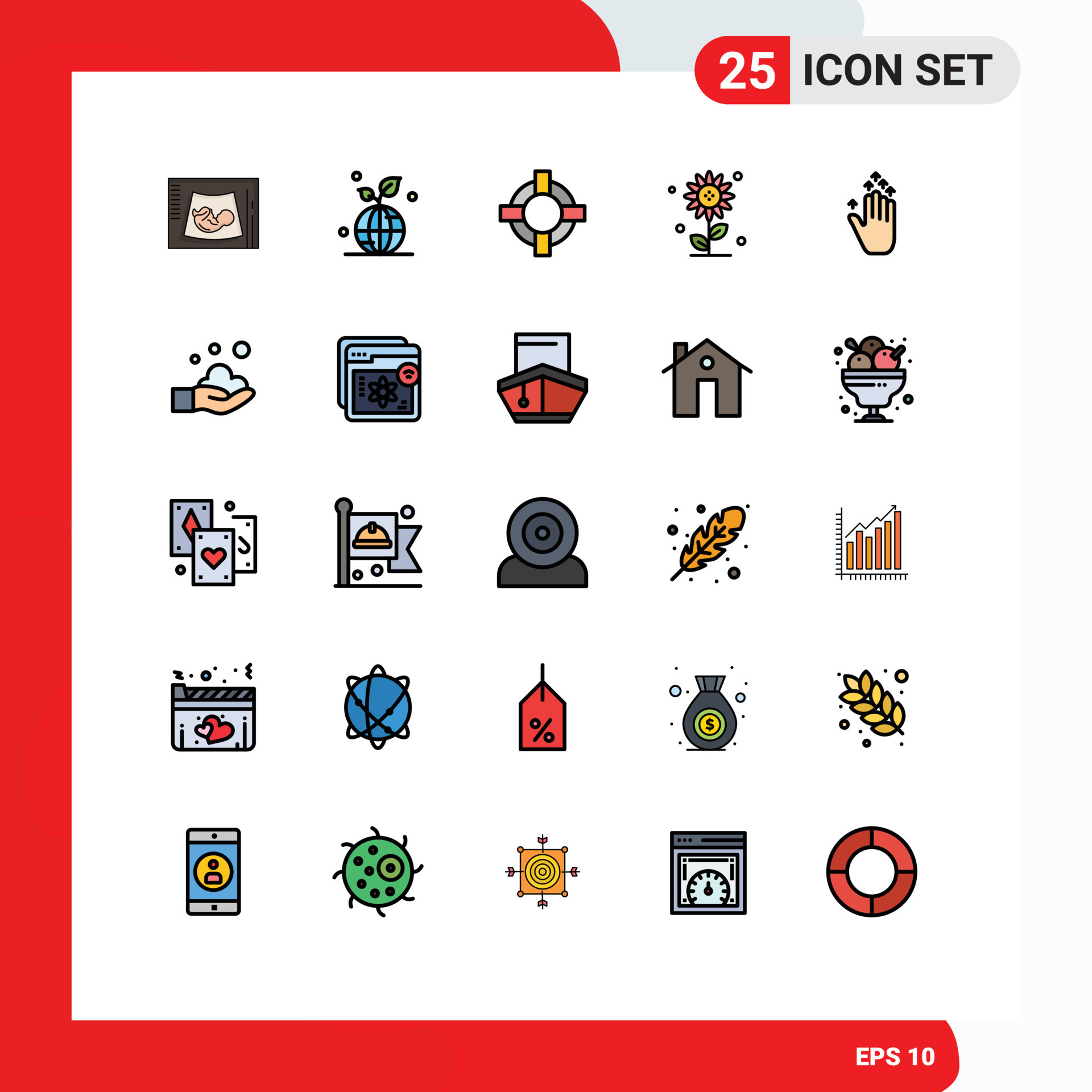 Set Of 25 Vector Filled Line Flat Colors On Grid For Gesture Nature Save Floral Support Editable