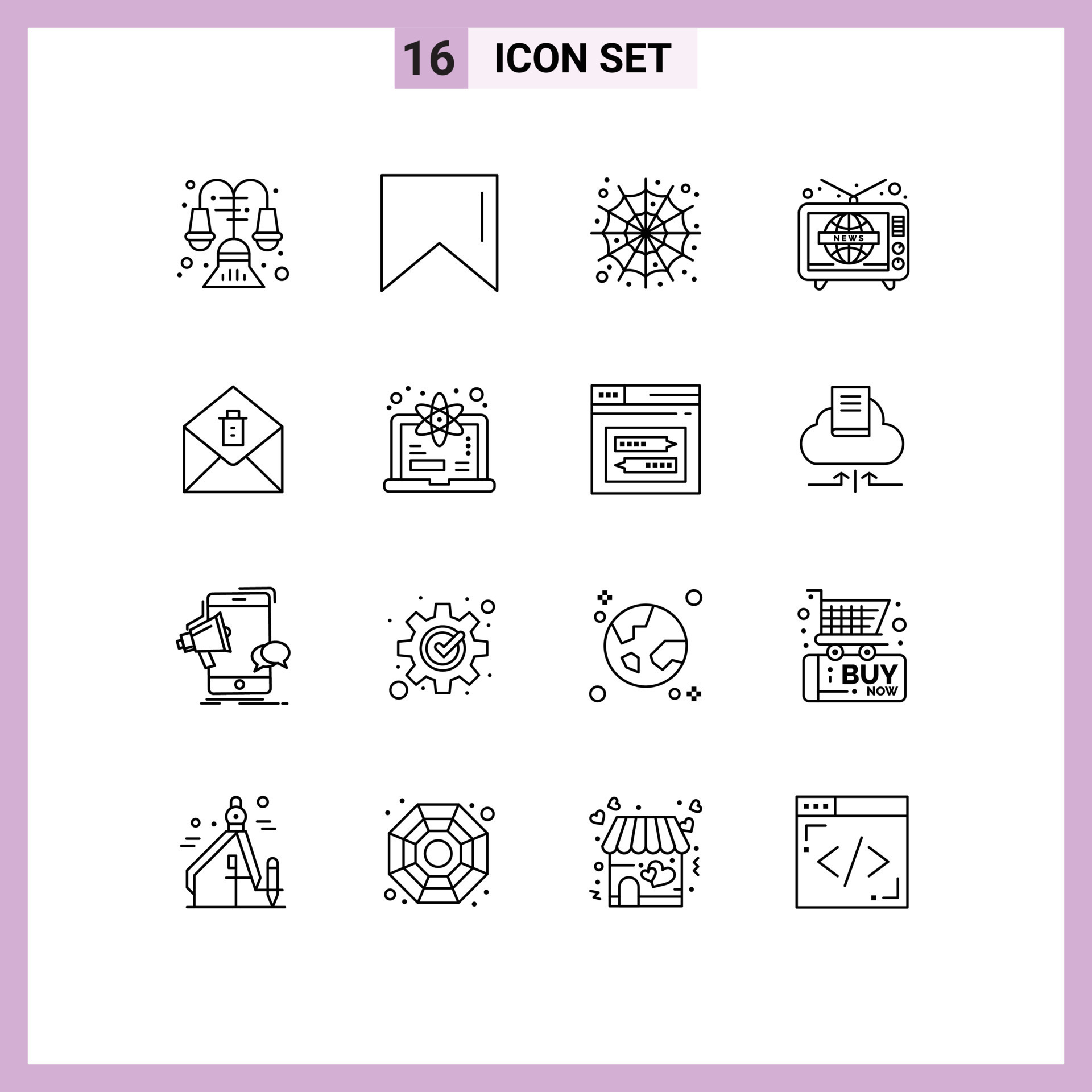 Pictogram Set Of 16 Simple Outlines Of Computer Message Spider Web Mail Tv Editable Vector