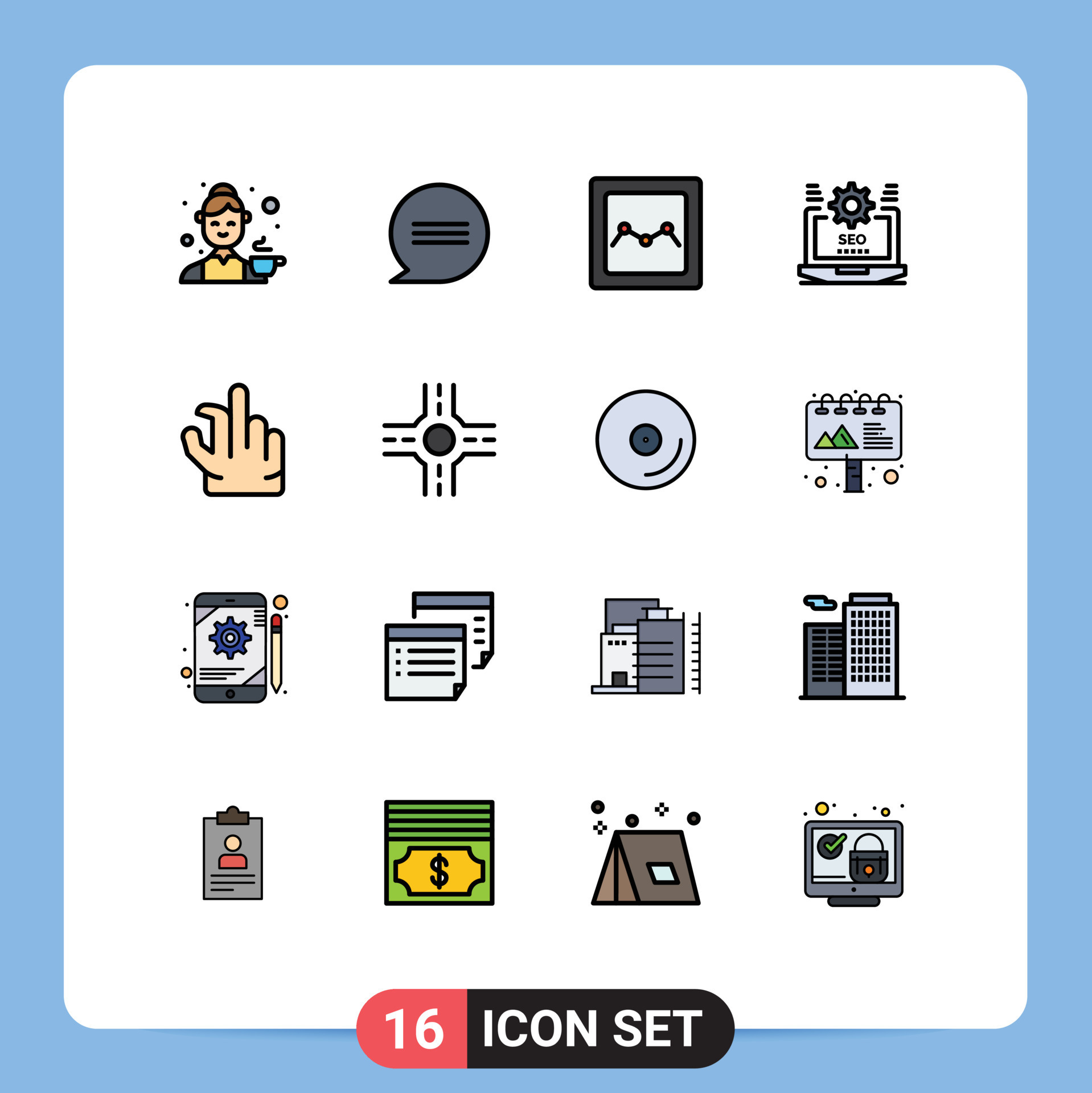 Set Of 16 Vector Flat Color Filled Lines On Grid For Pinch