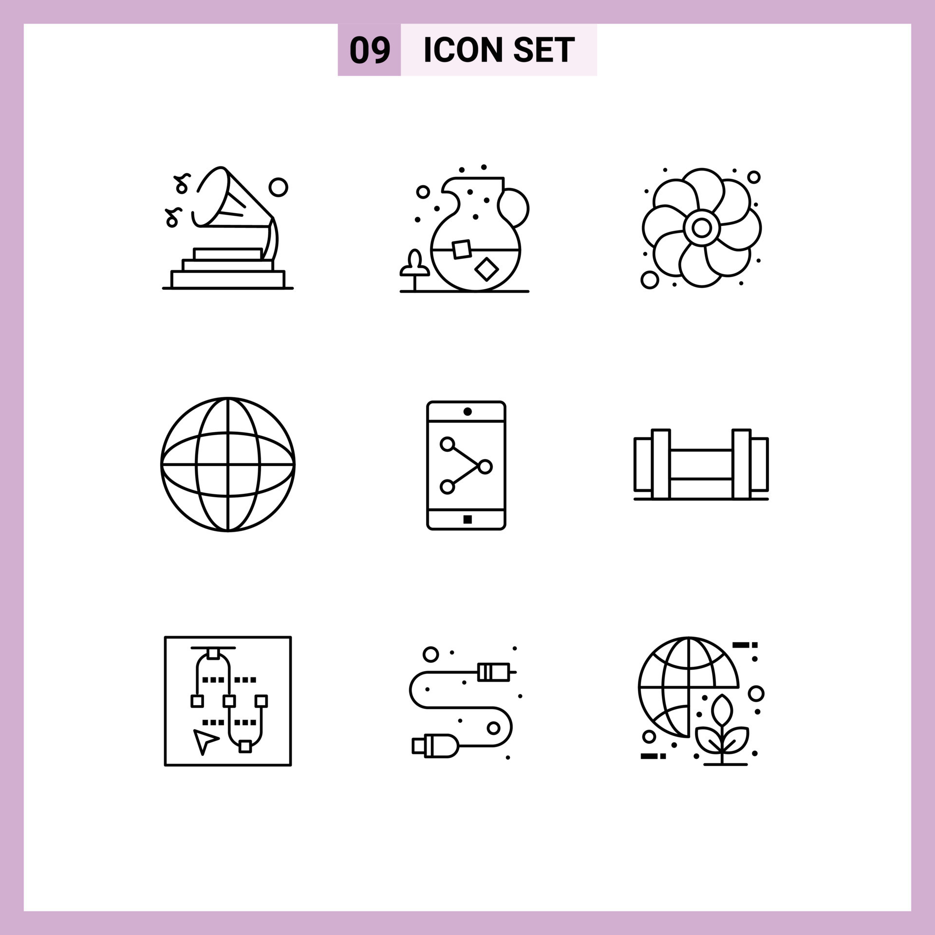 Pictogram Set Of 9 Simple Outlines Of Mobile Application App Share Flower Worldwide Globe