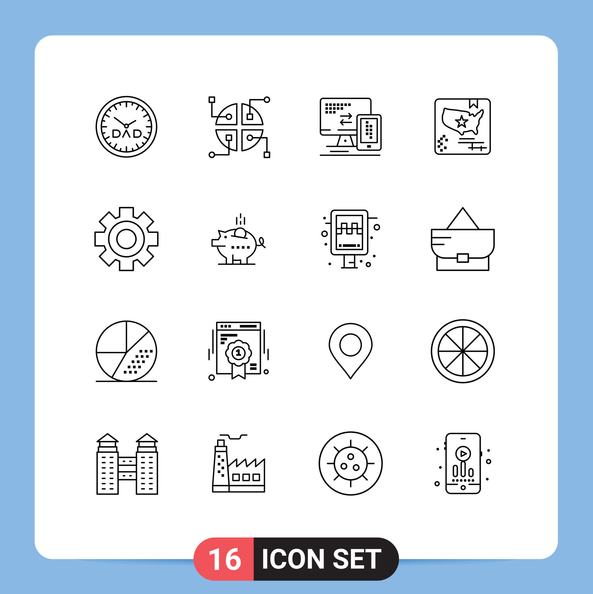 16 Universal Outlines Set For Web And Mobile Applications Setting Cog Monitor World Flag