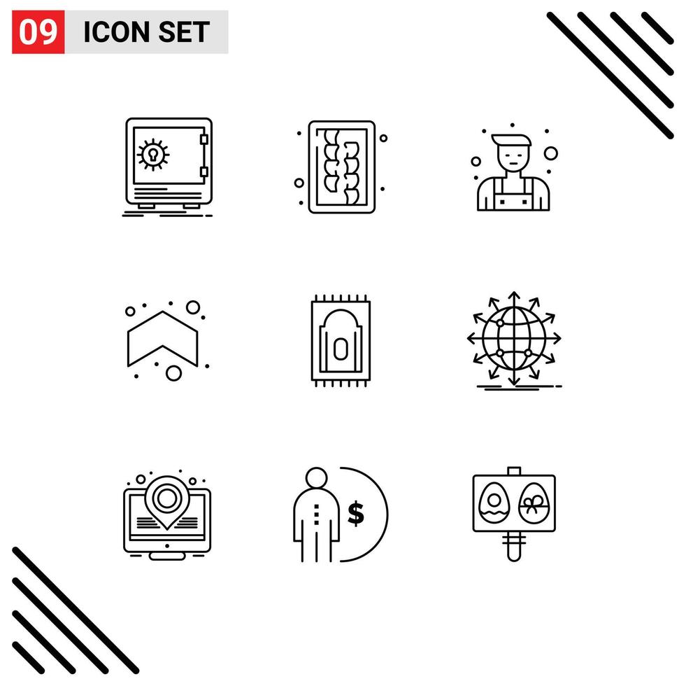 Mobile Interface Outline Set Of 9 Pictograms Of Praying Direction Tool Up Arrow Editable Vector