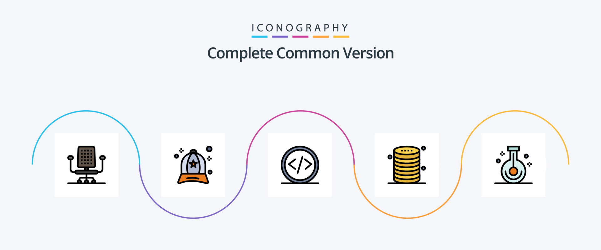 Complete Common Version Line Filled Flat 5 Icon Pack Including beaker. server. coding. database ...