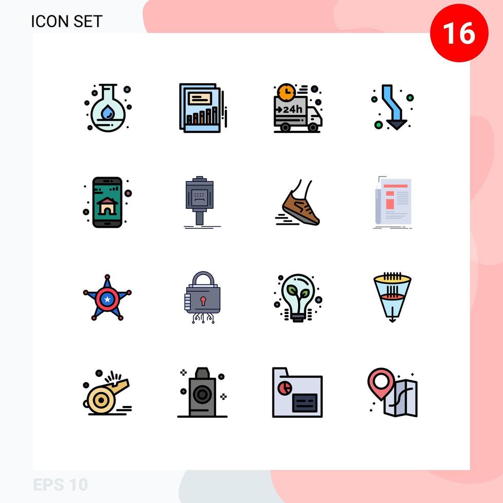Mobile Interface Flat Color Filled Line Set of 16 Pictograms of direction arrows report arrow ...