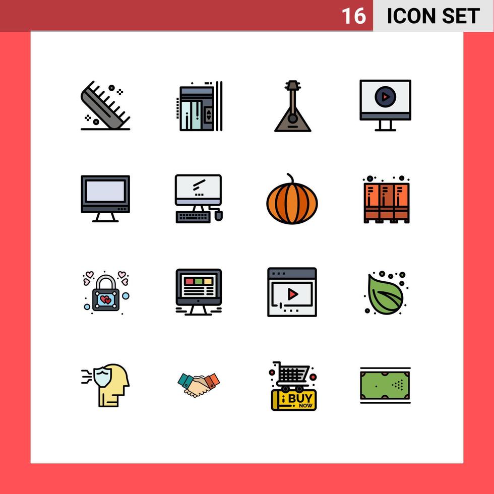 16 Universal Flat Color Filled Lines Set For Web And Mobile Applications Video Display Up Sound
