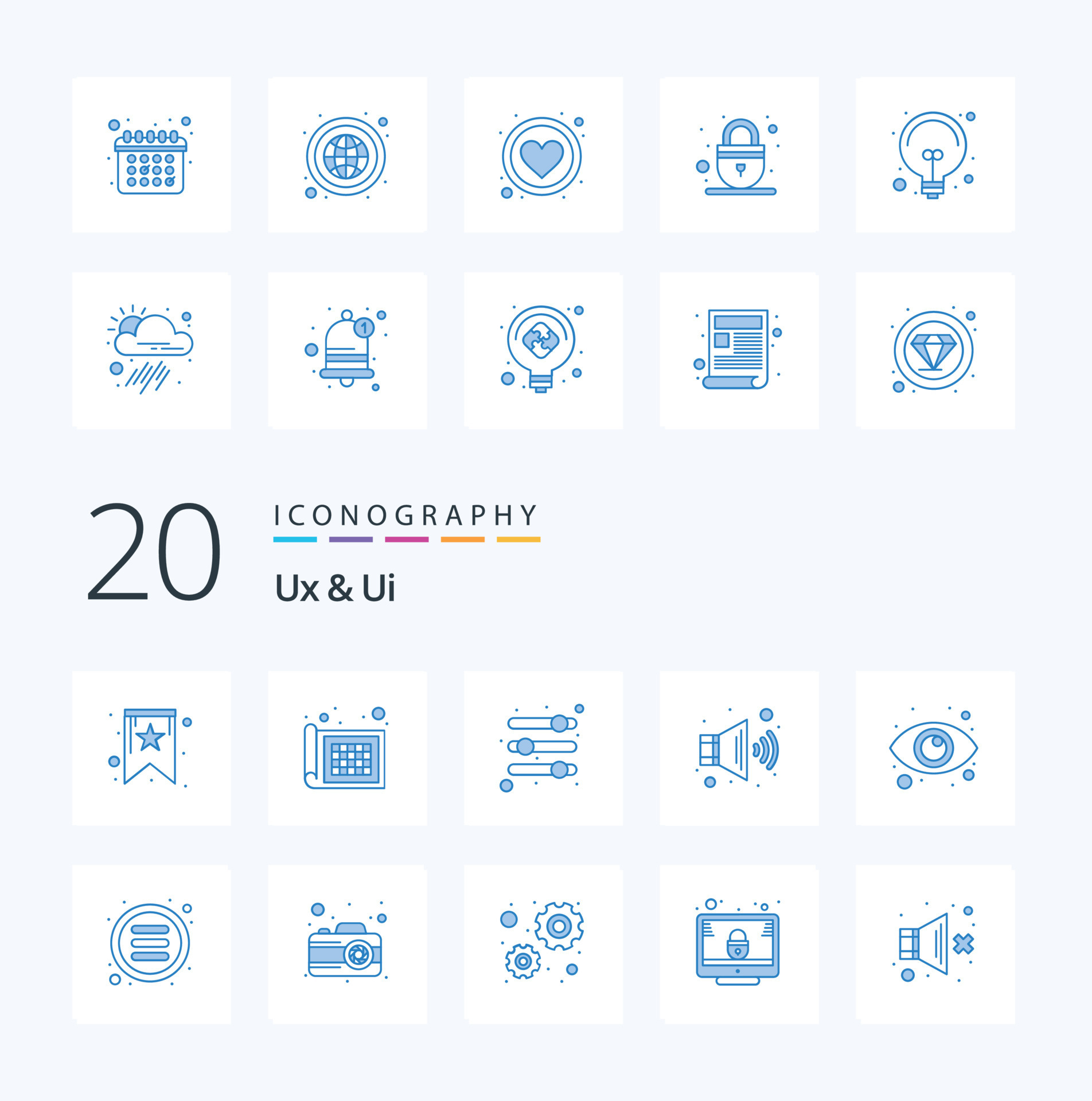 Paquete de iconos de color azul de 20 ux y ui como lista de parámetros de visión que monitorean ...