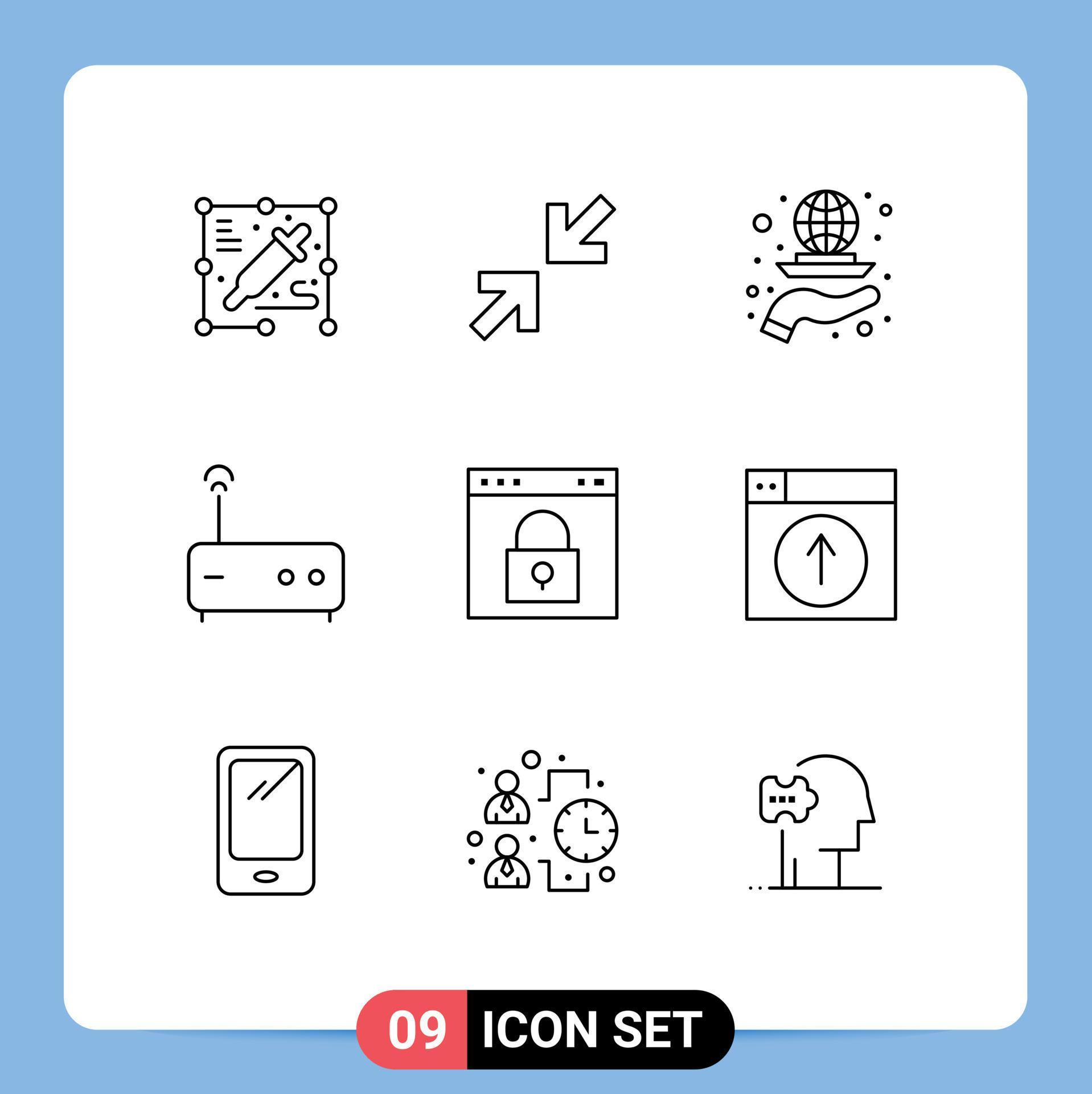 User Interface Pack of 9 Basic Outlines of page interface growth browser modem Editable Vector ...