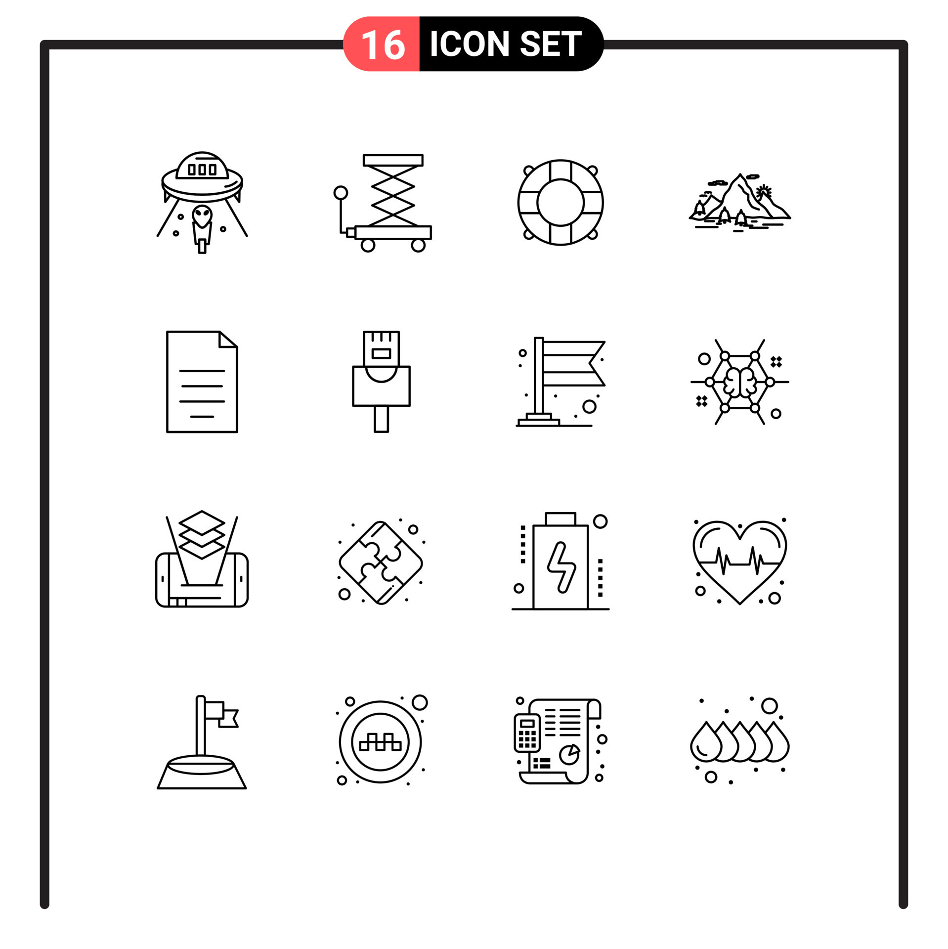 Set of 16 Modern UI Icons Symbols Signs for document mountain scissor landscape nature Editable ...