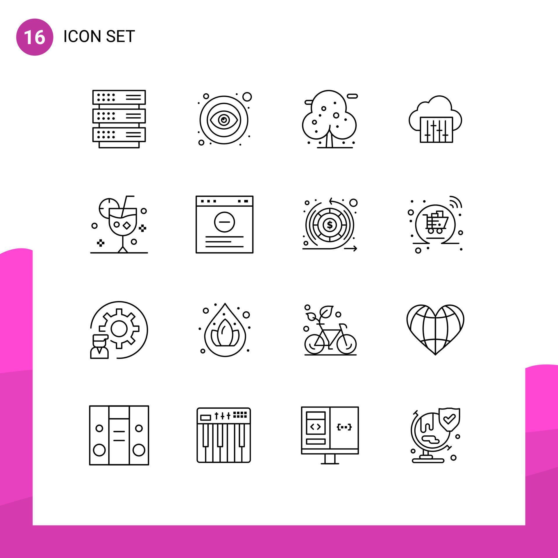 Set of 16 Modern UI Icons Symbols Signs for cocktail audio beach music cloud Editable Vector ...
