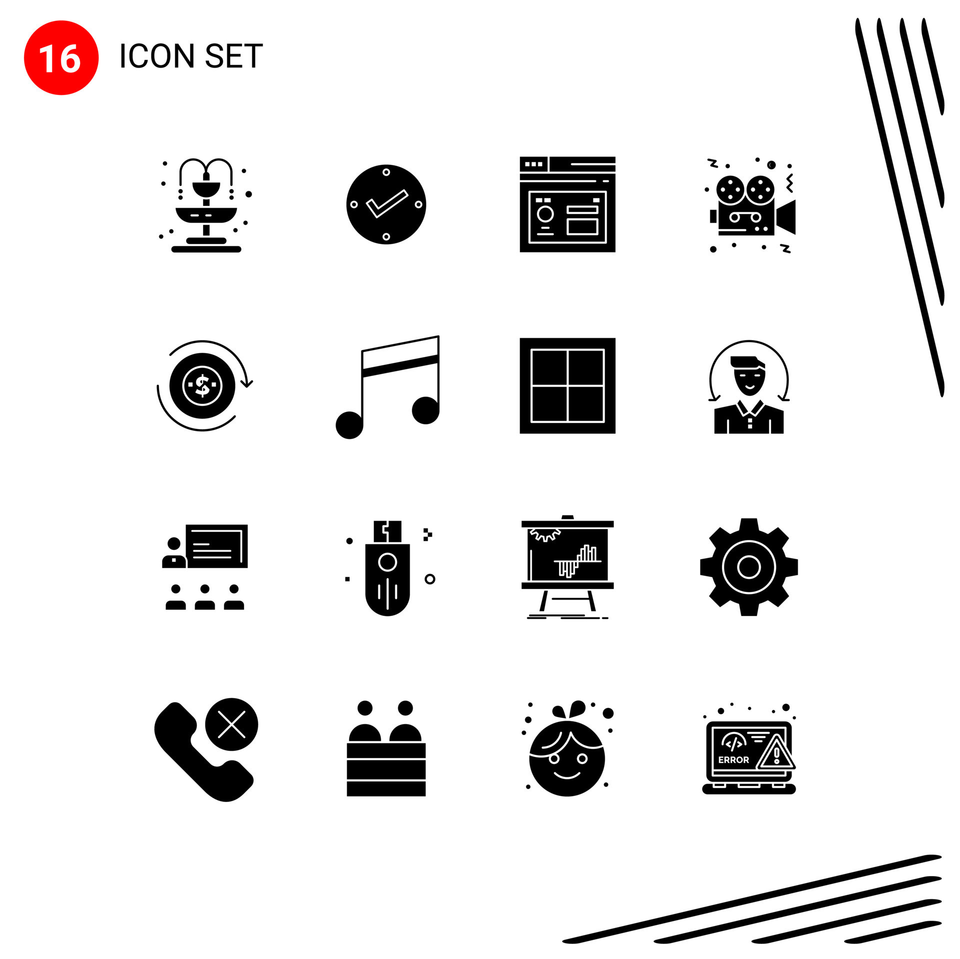 User Interface Pack Of 16 Basic Solid Glyphs Of Flow Cinema Database Film Camera Editable Vector