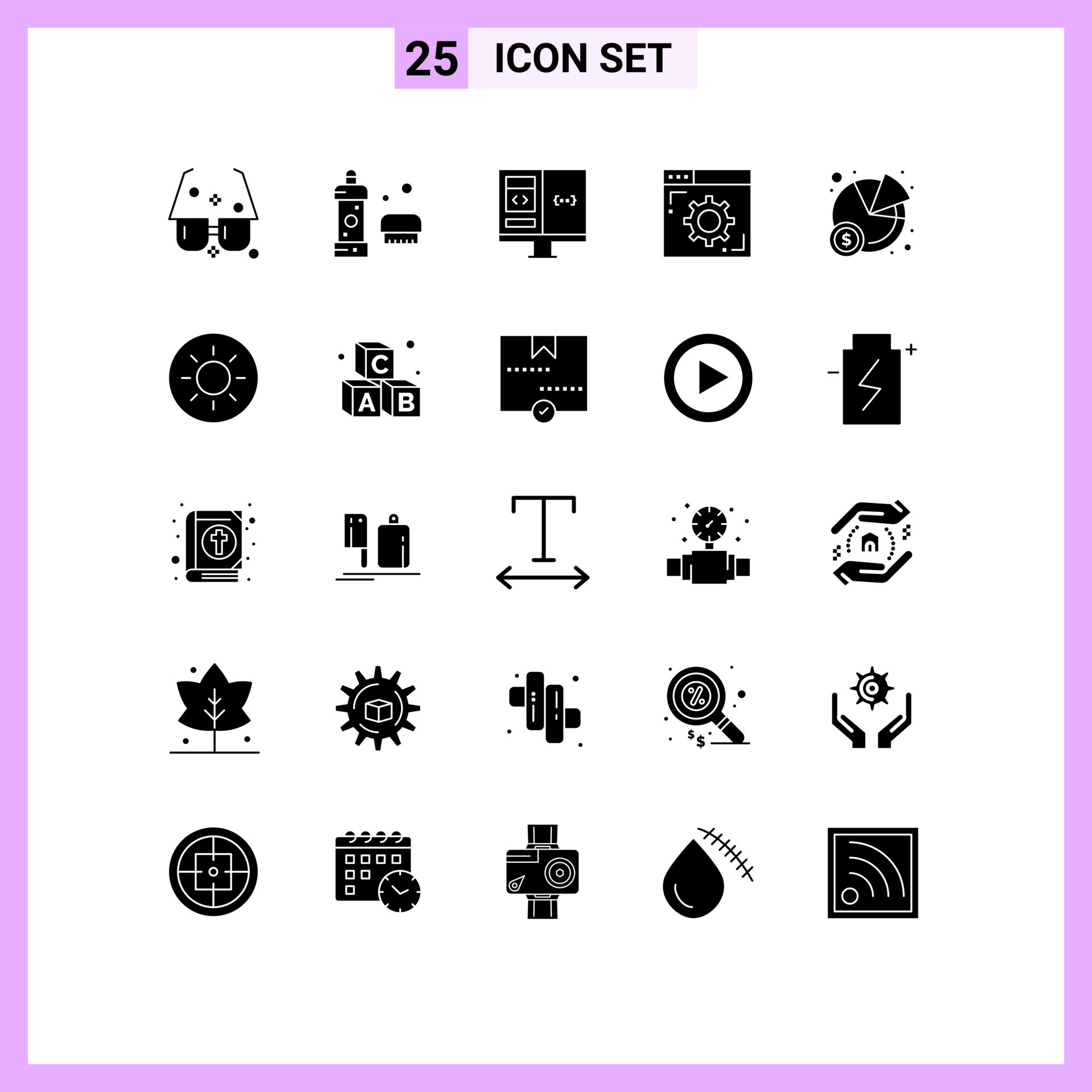 User Interface Pack of 25 Basic Solid Glyphs of setting browser detergent development computer ...