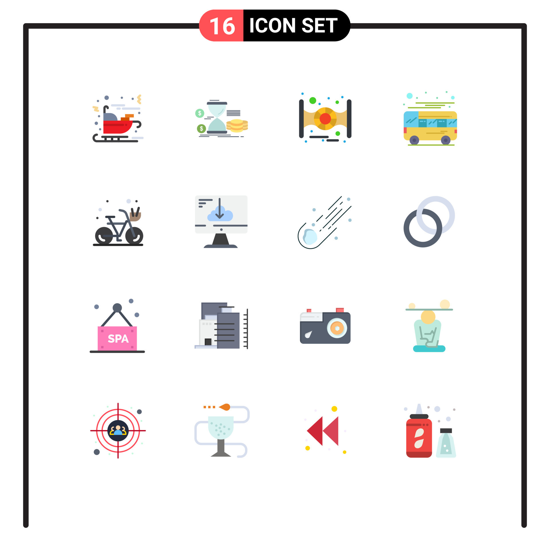 Editable Vector Line Pack Of 16 Simple Flat Colors Of Beach Local Coins Coach Autobus Editable