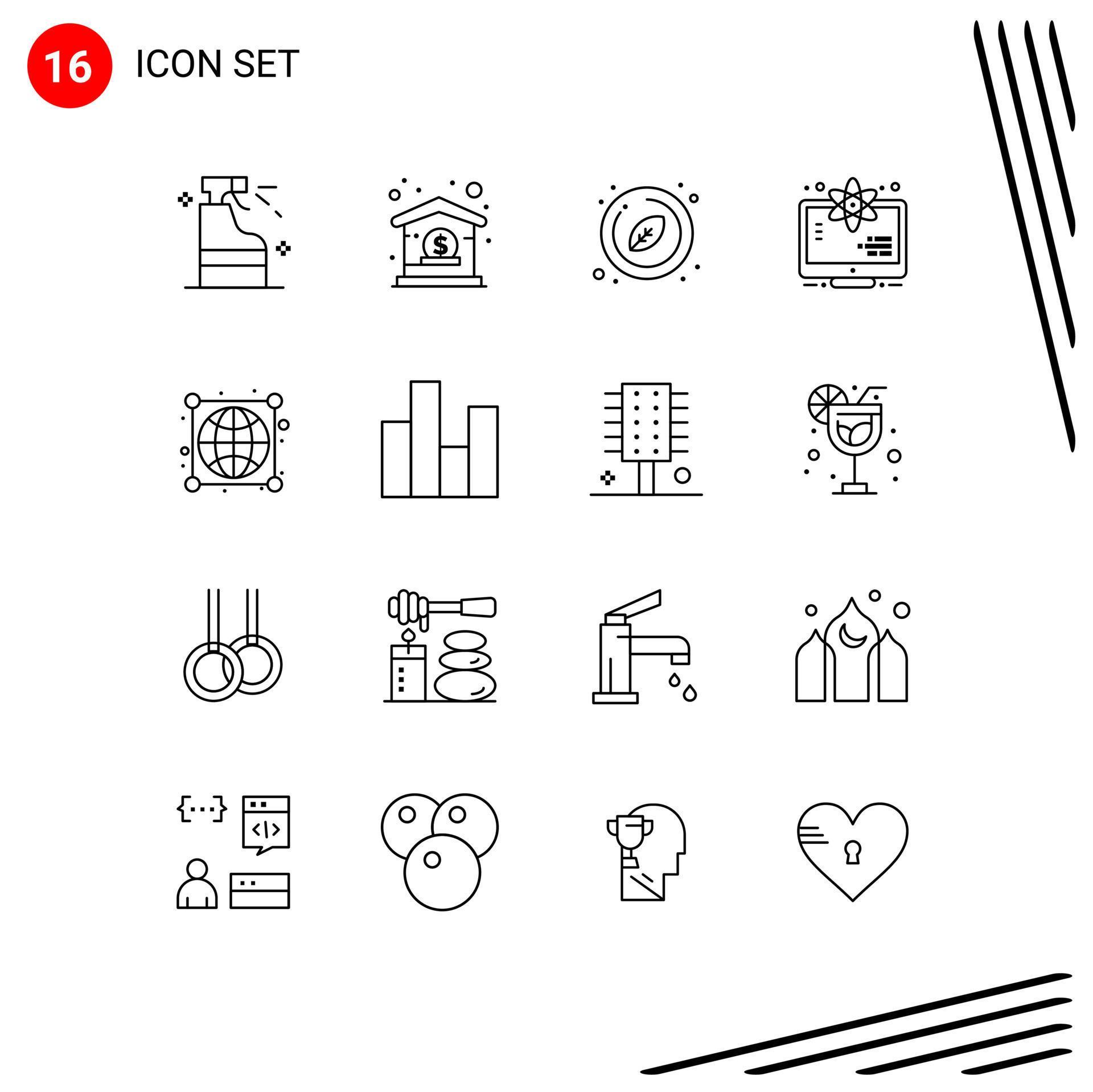 Pictogram Set Of 16 Simple Outlines Of Globe Space Circle Science Atom Editable Vector Design