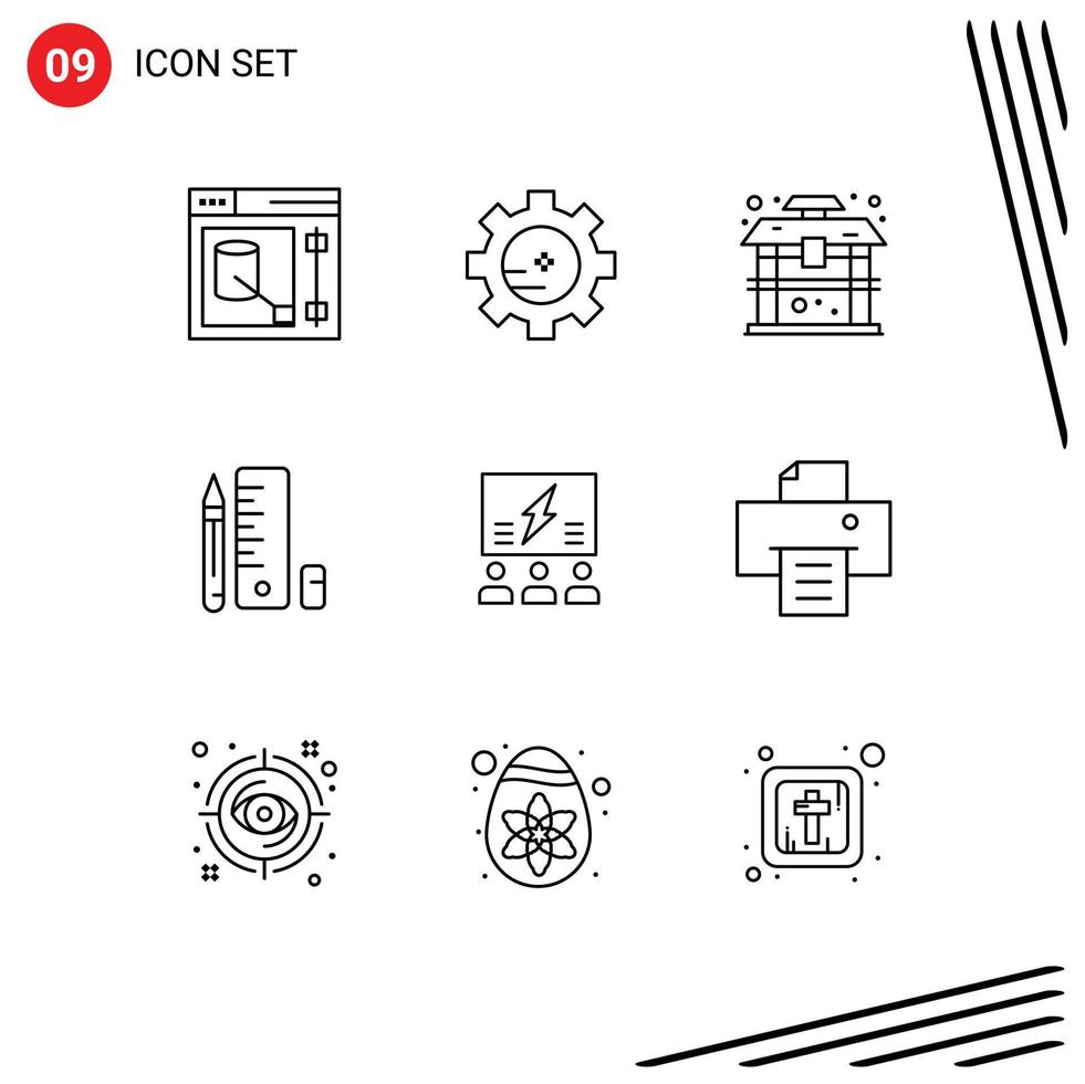 Mobile Interface Outline Set of 9 Pictograms of idea brainstorming building scale pen Editable ...