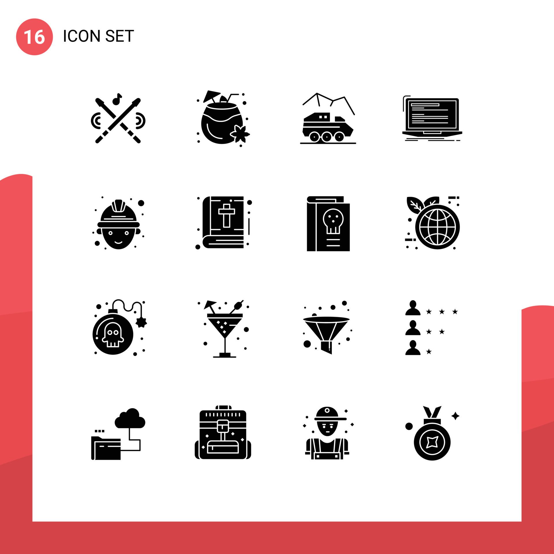 Modern Set Of 16 Solid Glyphs Pictograph Of Script Computer Exploration Coding Transport