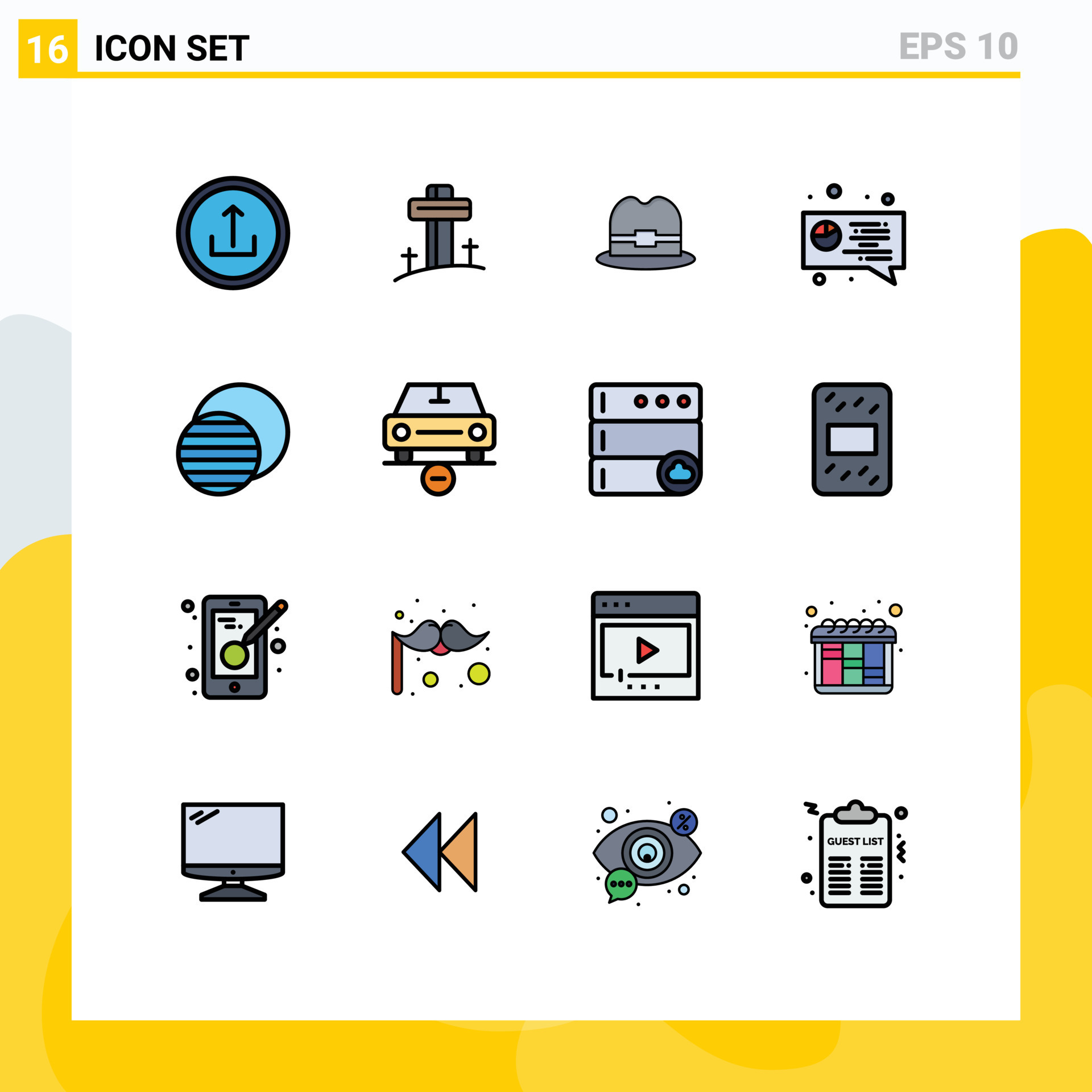 Mobile Interface Flat Color Filled Line Set Of 16 Pictograms Of Space Eclipse Easter Pie Chat