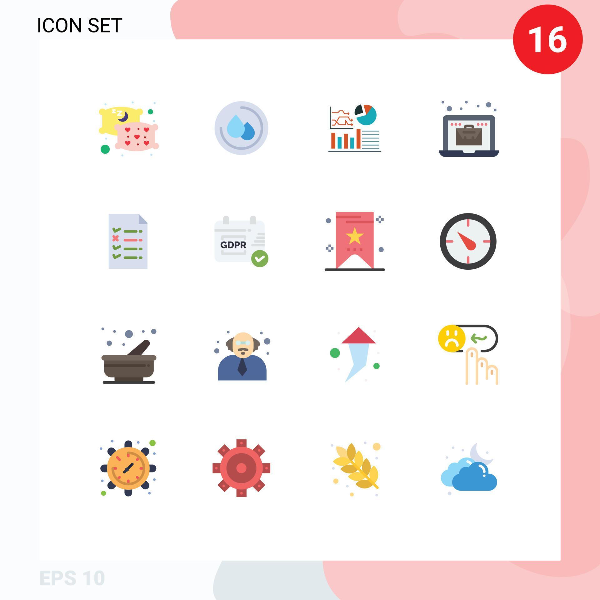 16 Thematic Vector Flat Colors And Editable Symbols Of Gdpr File Flowchat Document Bag Editable