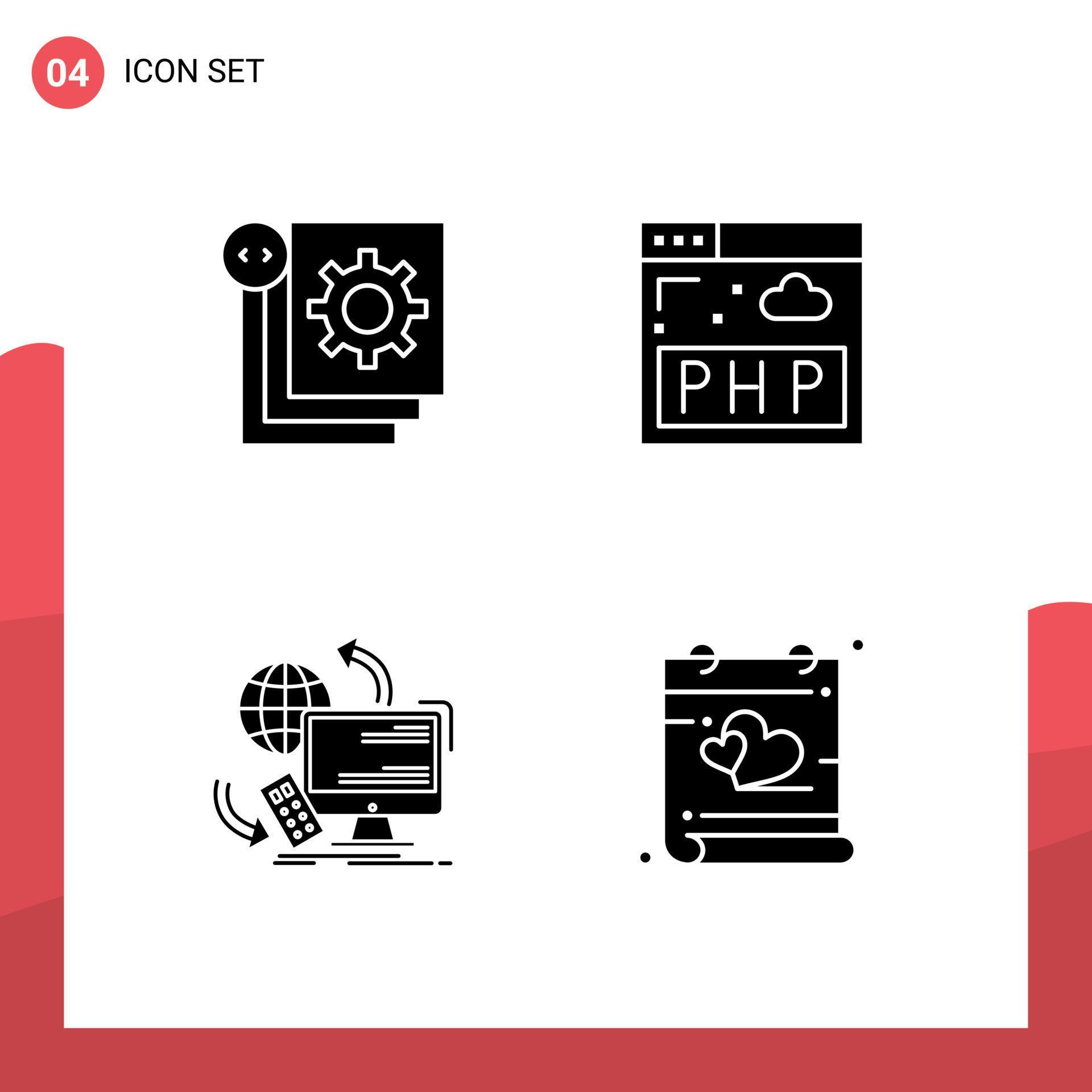 Pictogram Set of 4 Simple Solid Glyphs of coding control process php ...