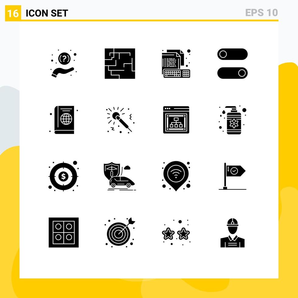 User Interface Pack of 16 Basic Solid Glyphs of cover passport computer toggle control Editable ...