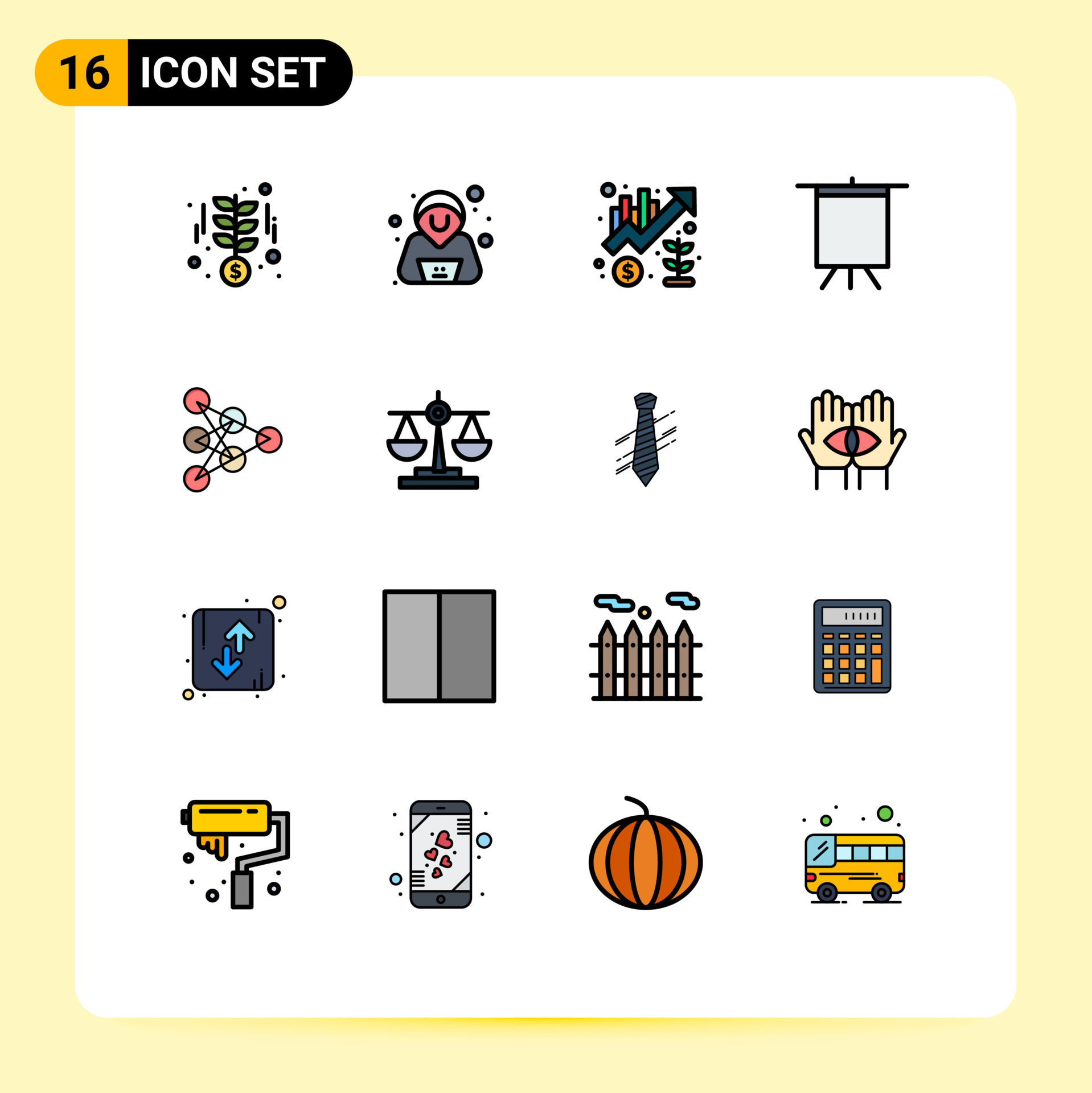 Universal Icon Symbols Group of 16 Modern Flat Color Filled Lines of ...