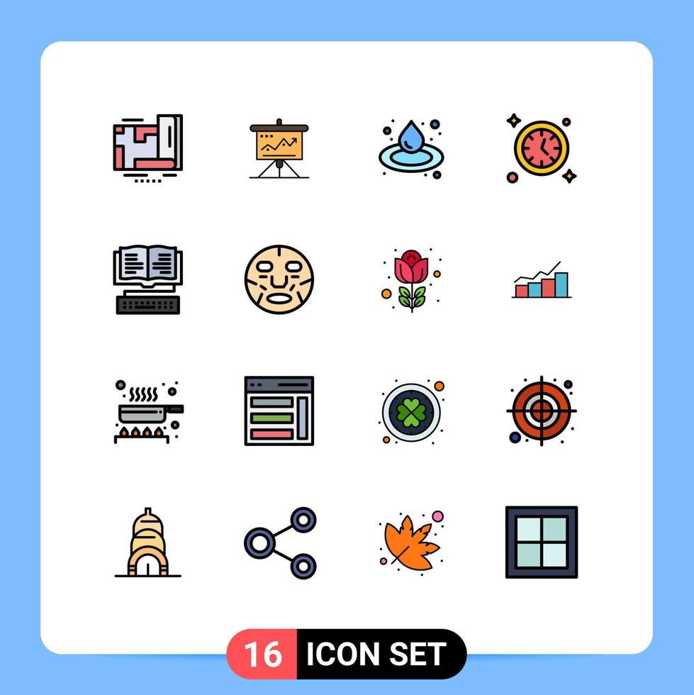 16 Universal Flat Color Filled Lines Set For Web And Mobile Applications Book Clock Solution