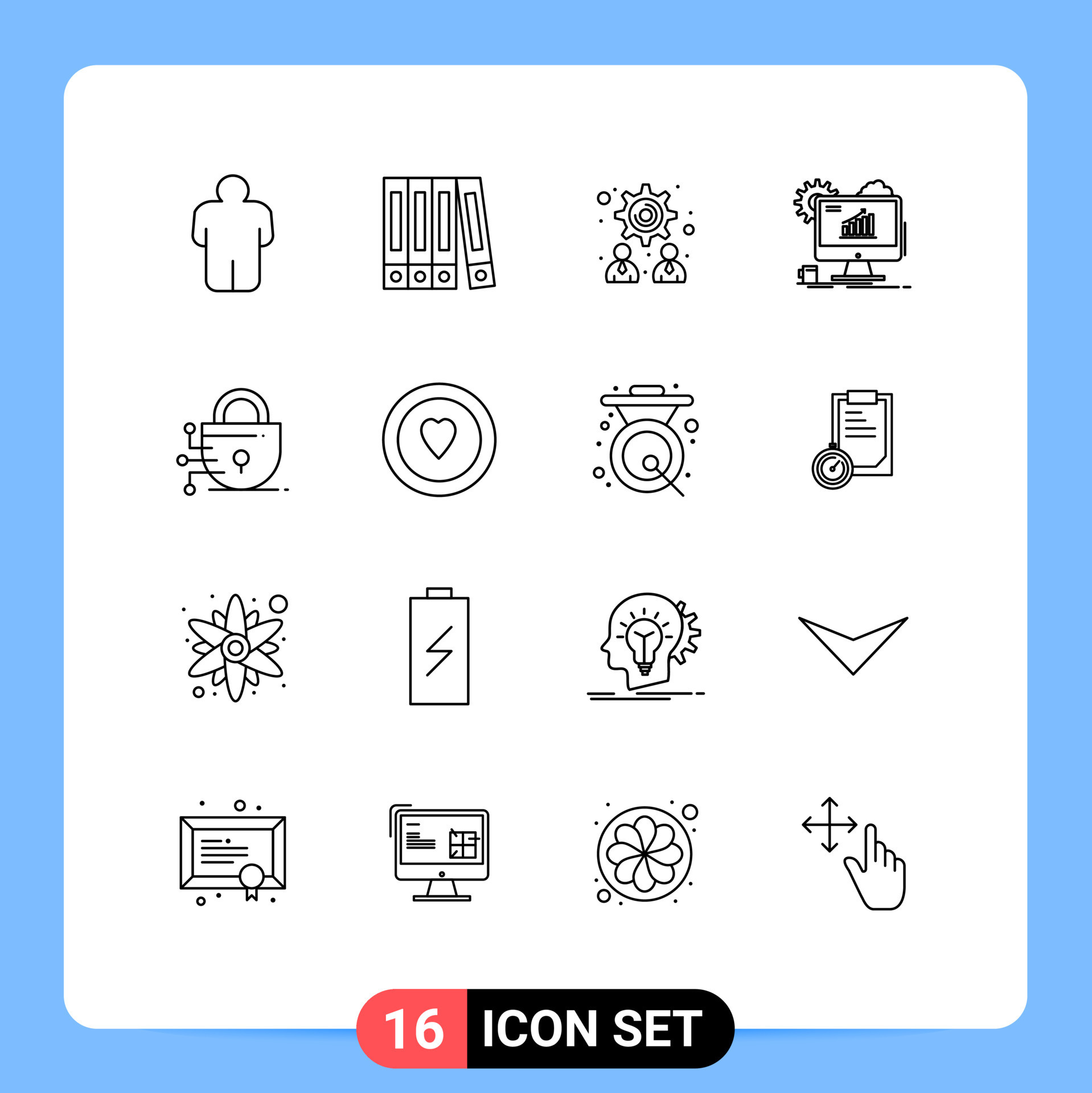 Set of 16 Vector Outlines on Grid for heart technology analytics lock setting Editable Vector ...