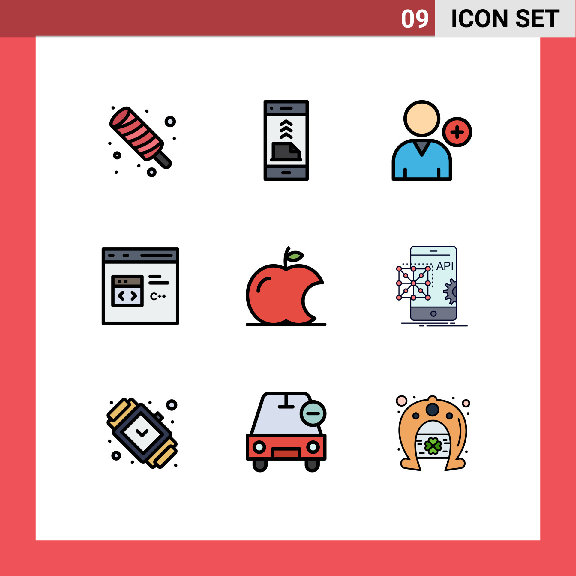 Filledline Flat Color Pack of 9 Universal Symbols of apple develop ...