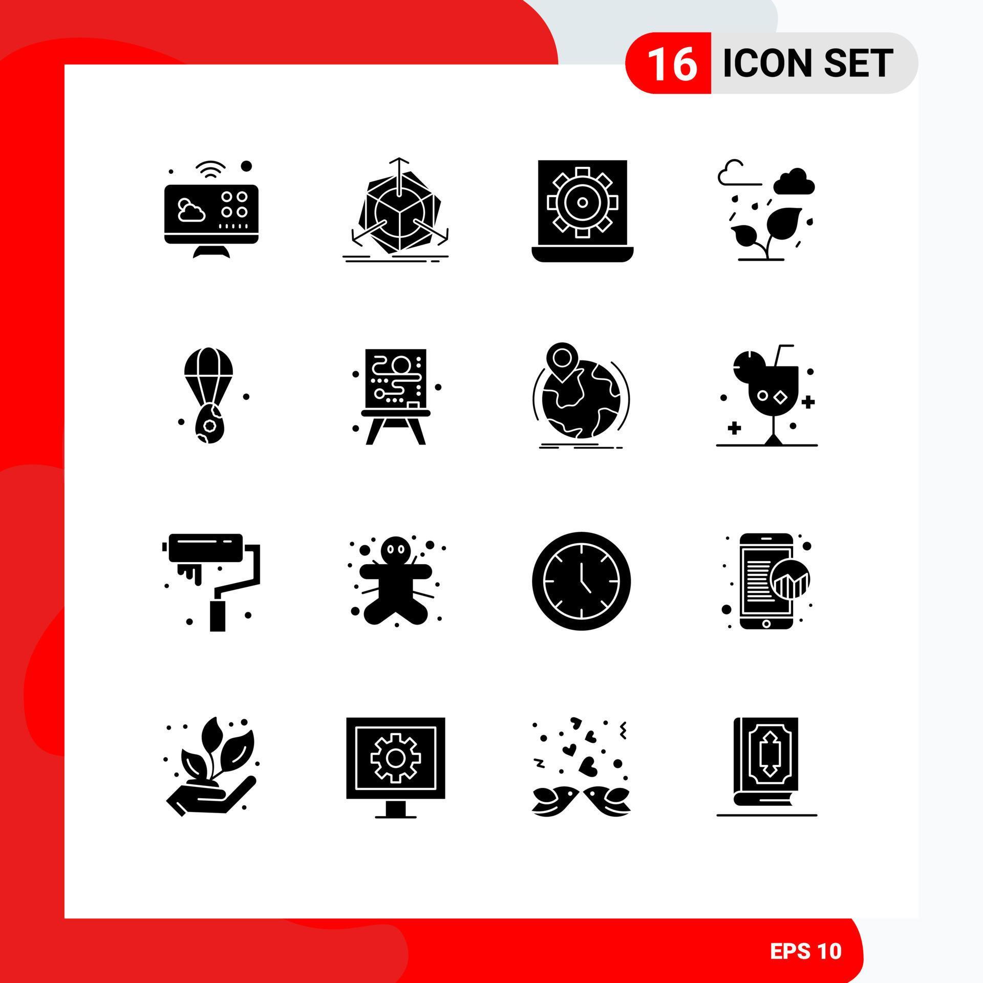 Mobile Interface Solid Glyph Set of 16 Pictograms of egg cloud computer trees setting Editable ...