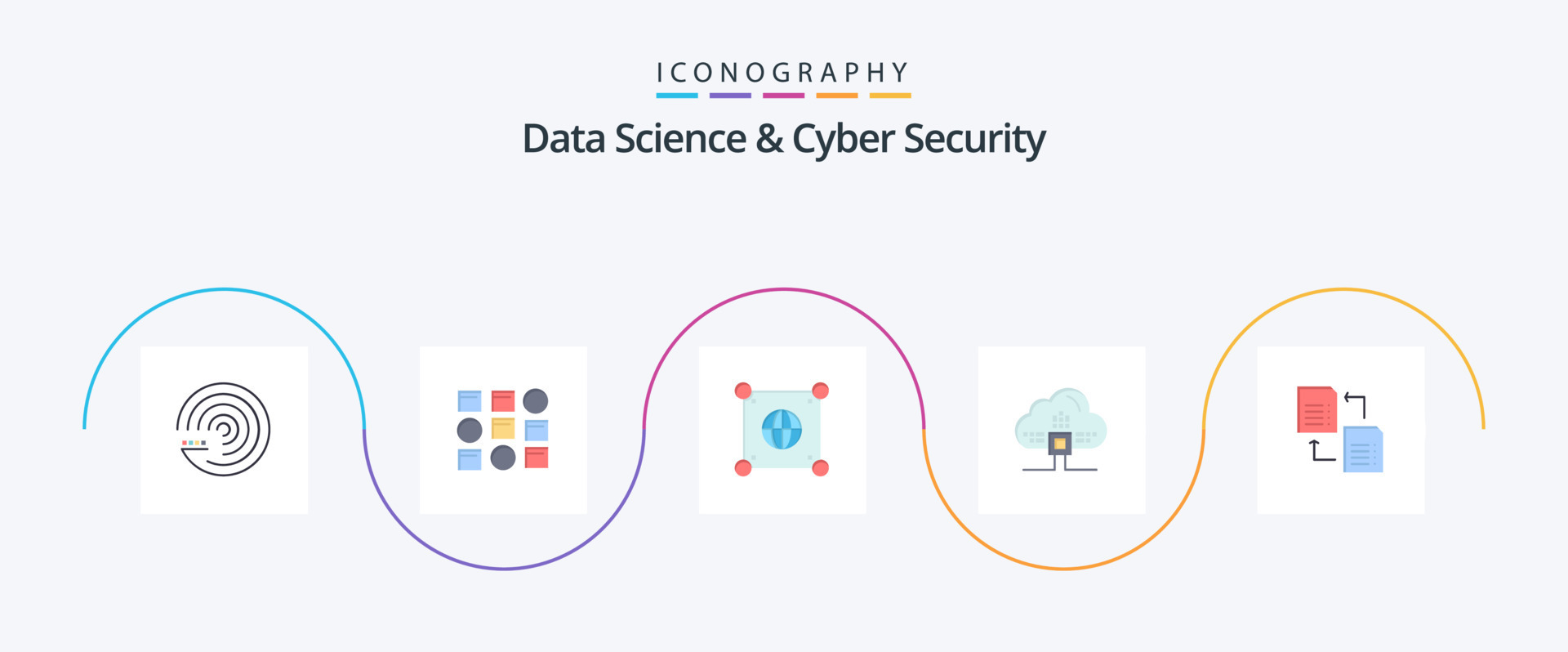 Data Science And Cyber Security Flat 5 Icon Pack Including File Scince Globe Cloud Based