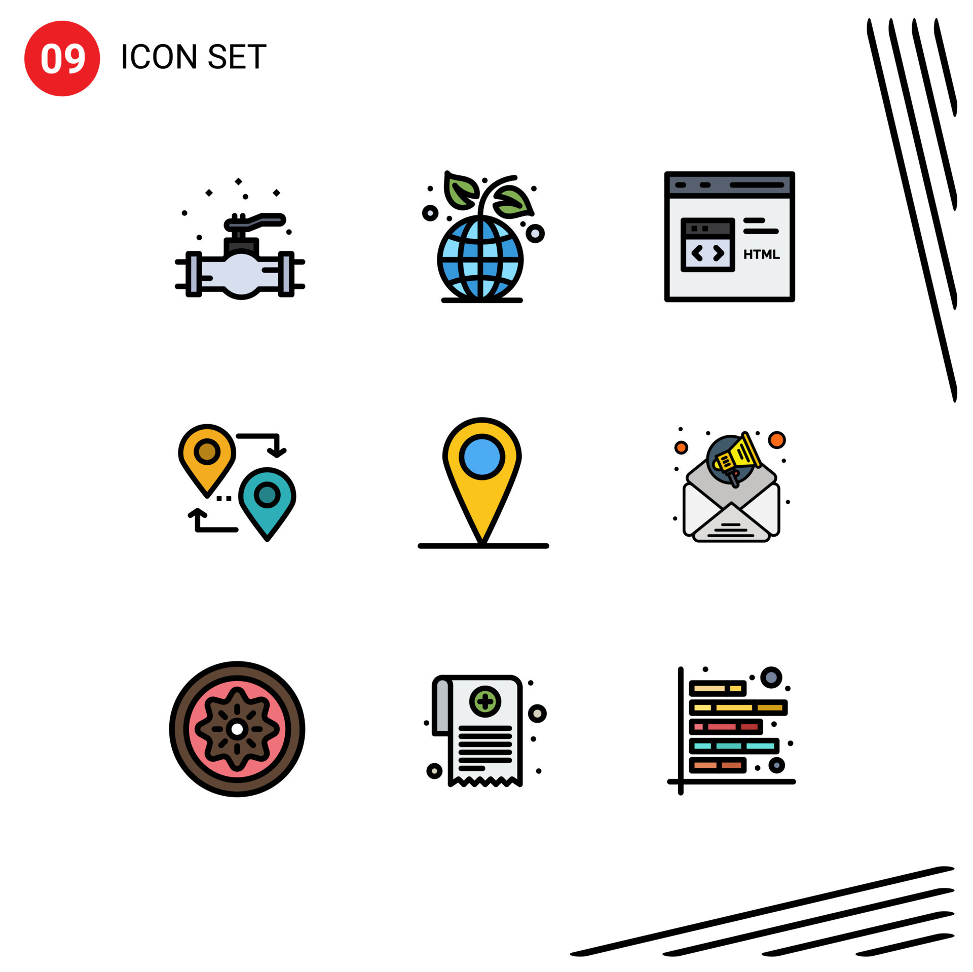 Set of 9 Vector Filledline Flat Colors on Grid for location pointer ...