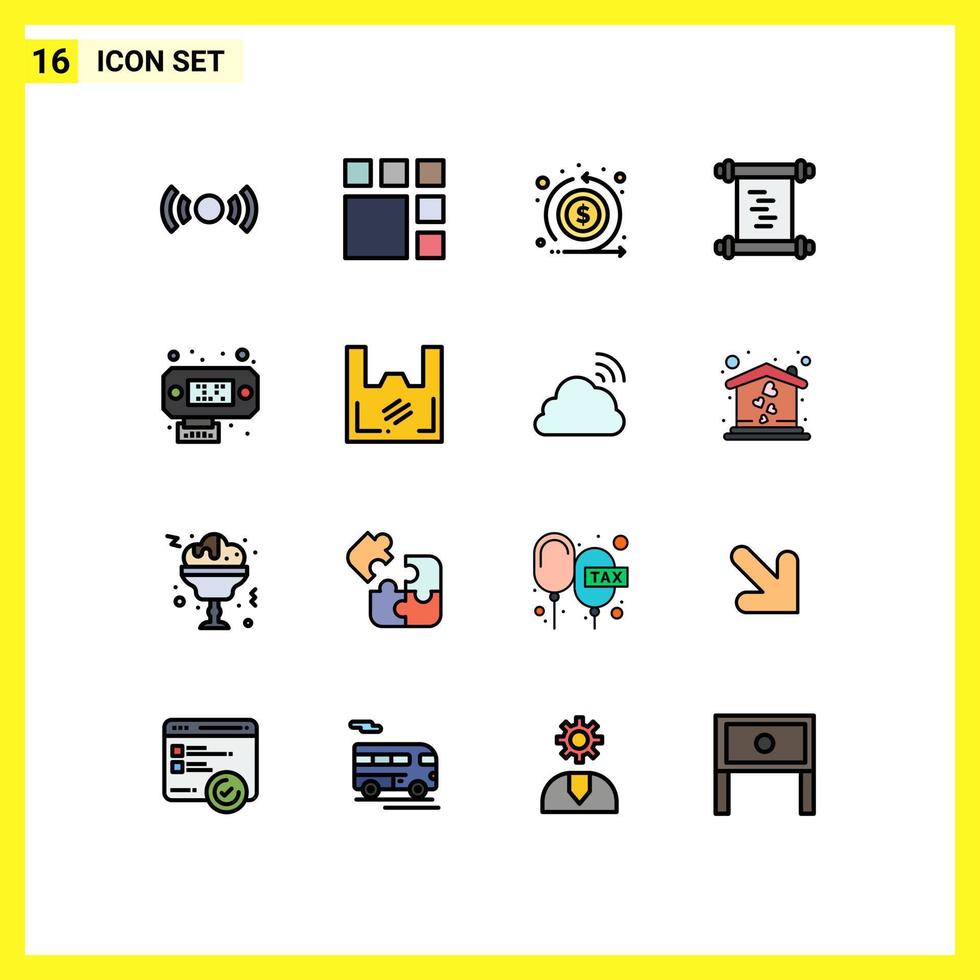 Mobile Interface Flat Color Filled Line Set Of 16 Pictograms Of Data Manuscript Layout Log