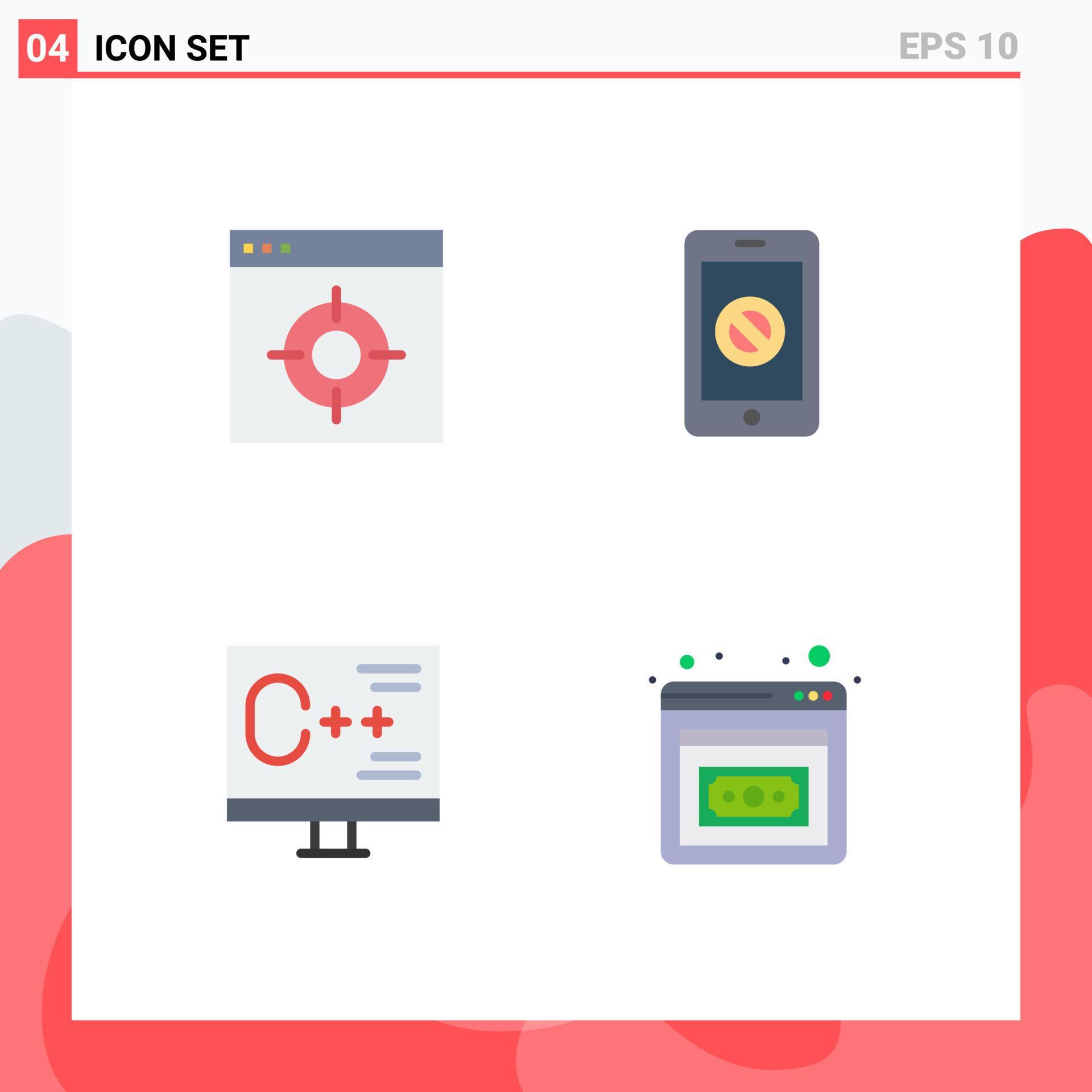 Mobile Interface Flat Icon Set Of 4 Pictograms Of Application Coding Target Phone Develop