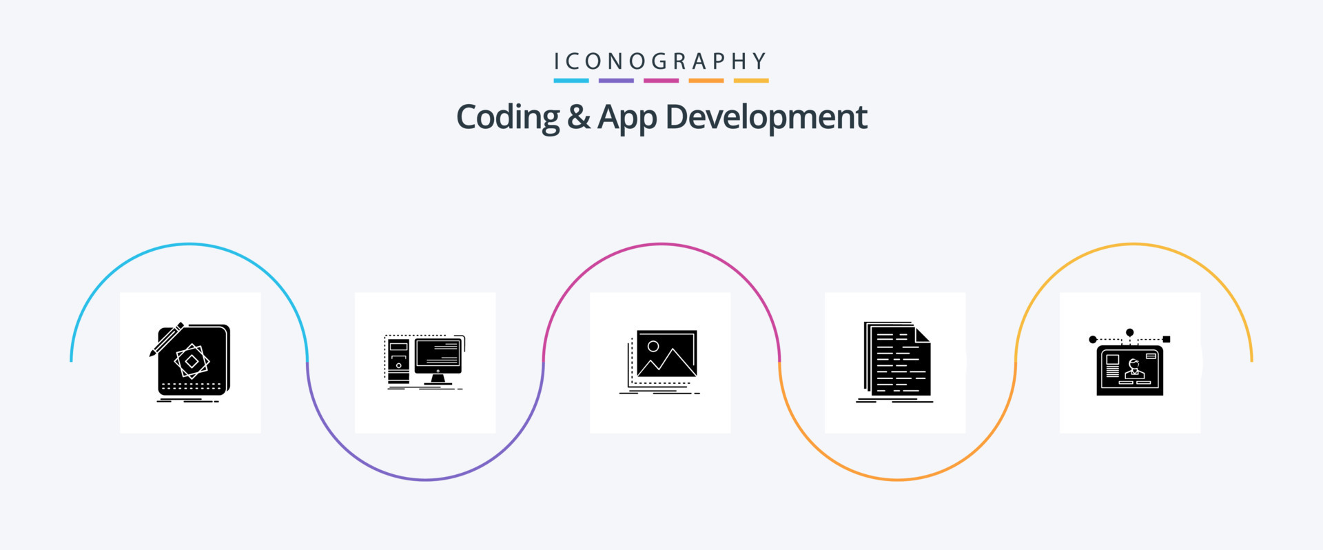 Coding And App Development Glyph 5 Icon Pack Including doc. code. workstation. photo. landscape ...